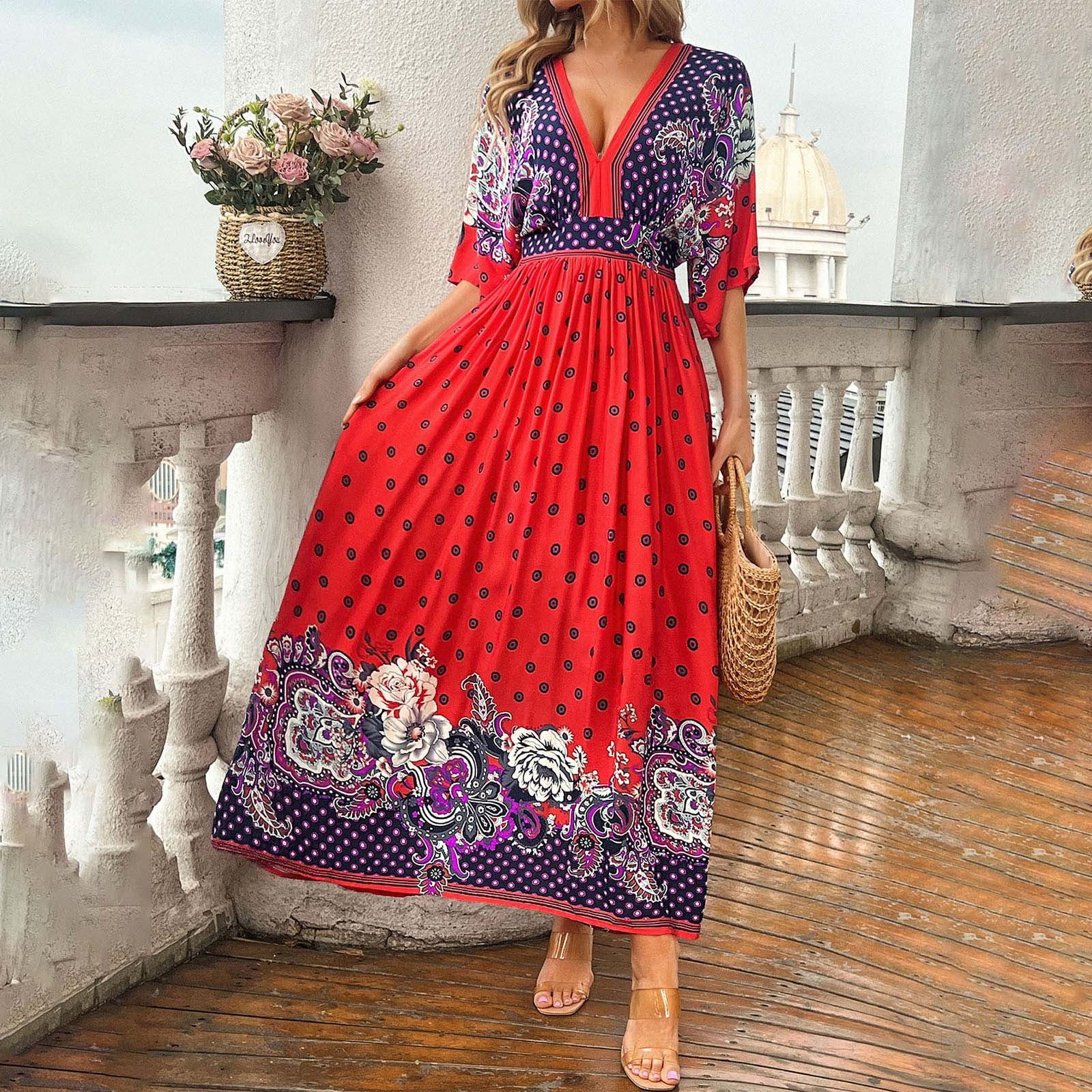 Rciityk Boho Dresses for Women 2024 Summer Casual V Neck 3/4 Sleeve ...