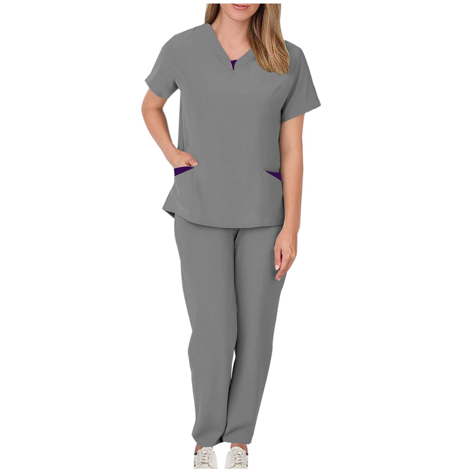 Rciityk Gray Scrub for Women Set - Solid Color V-Neck Short Sleeve ...