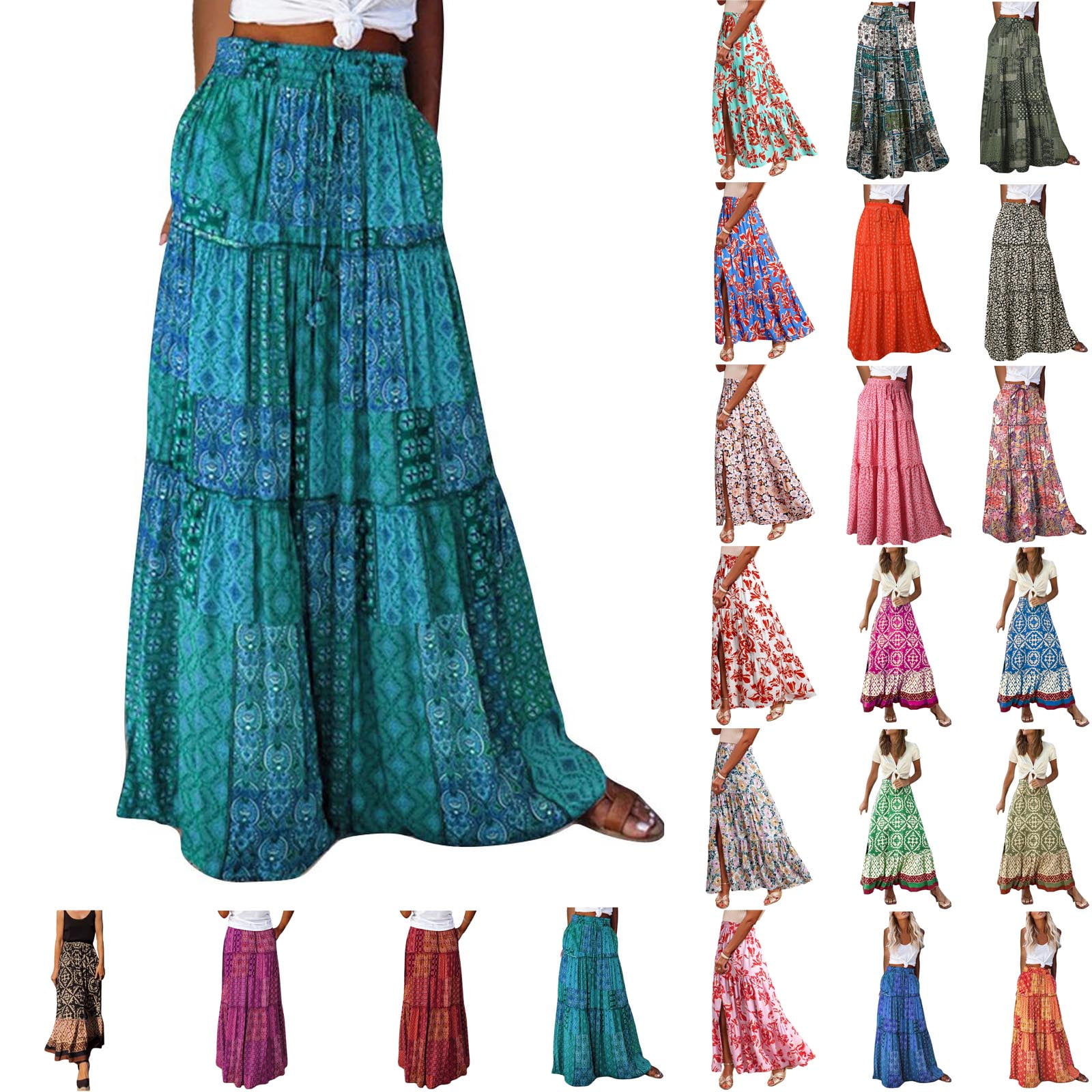 Rciityk Long Skirts for Women Maxi Boho Skirt Print Elastic High Waist ...
