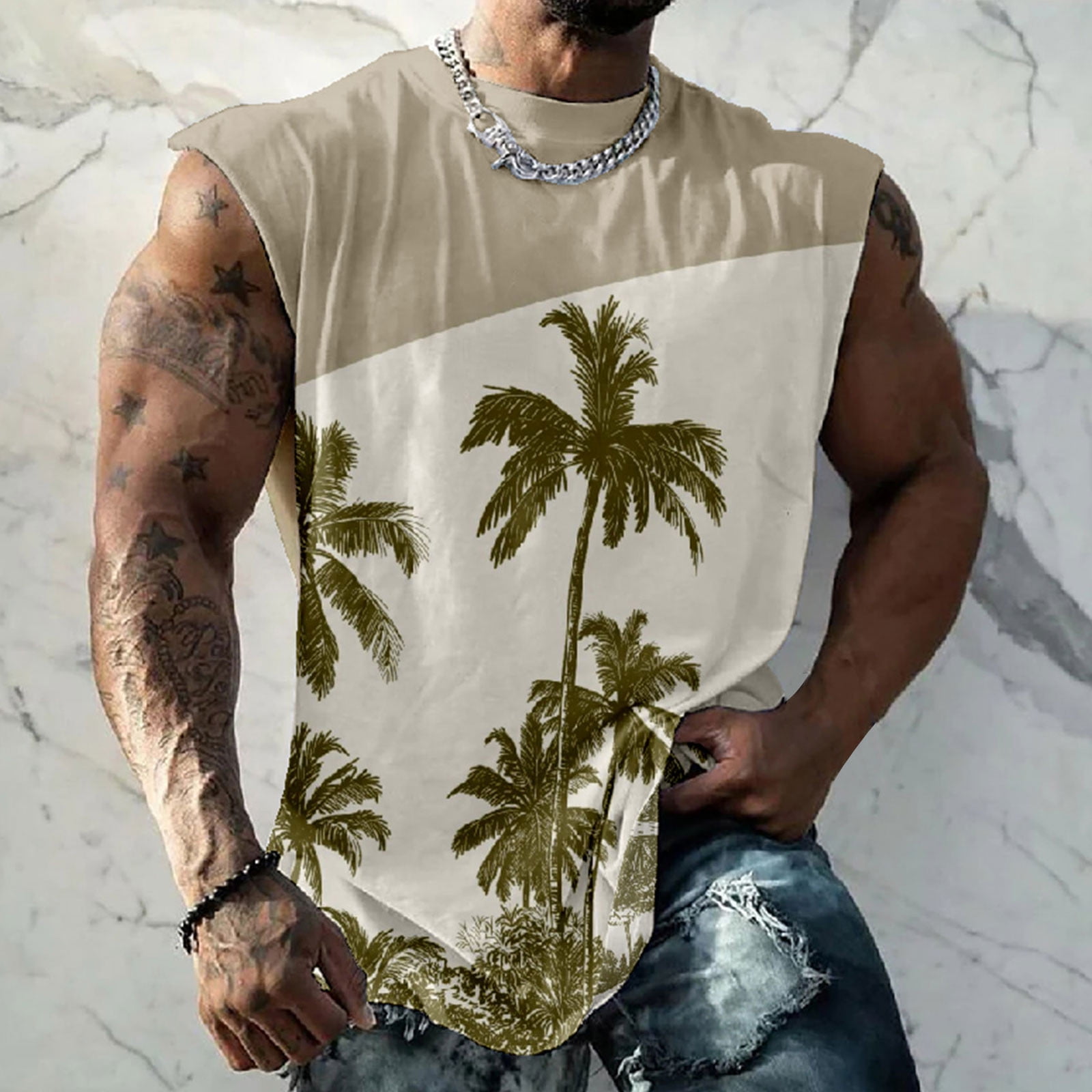 Rciityk Mens Beach Tank Top Summer Tropical Palm Tree Print Sleeveless Tee Shirt Loose Workout ...