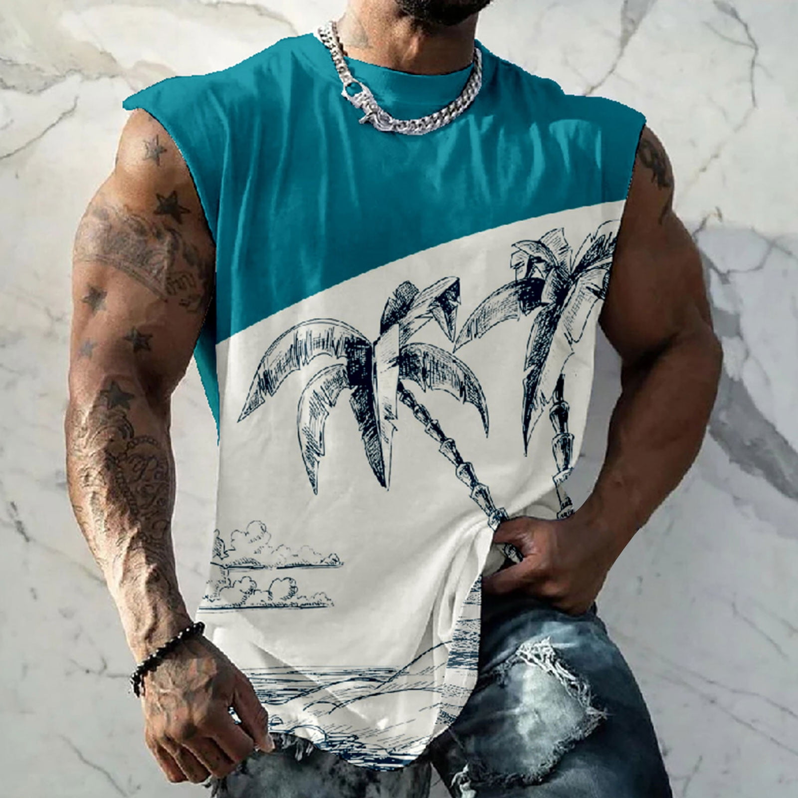 Rciityk Mens Beach Tank Top Summer Tropical Palm Tree Print Sleeveless Tee Shirt Loose Workout ...