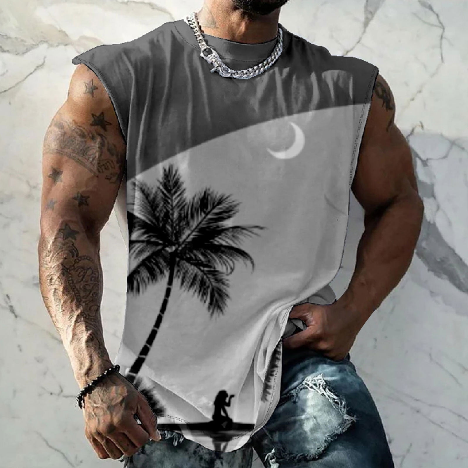Rciityk Mens Beach Tank Top Summer Tropical Palm Tree Print Sleeveless Tee Shirt Loose Workout ...