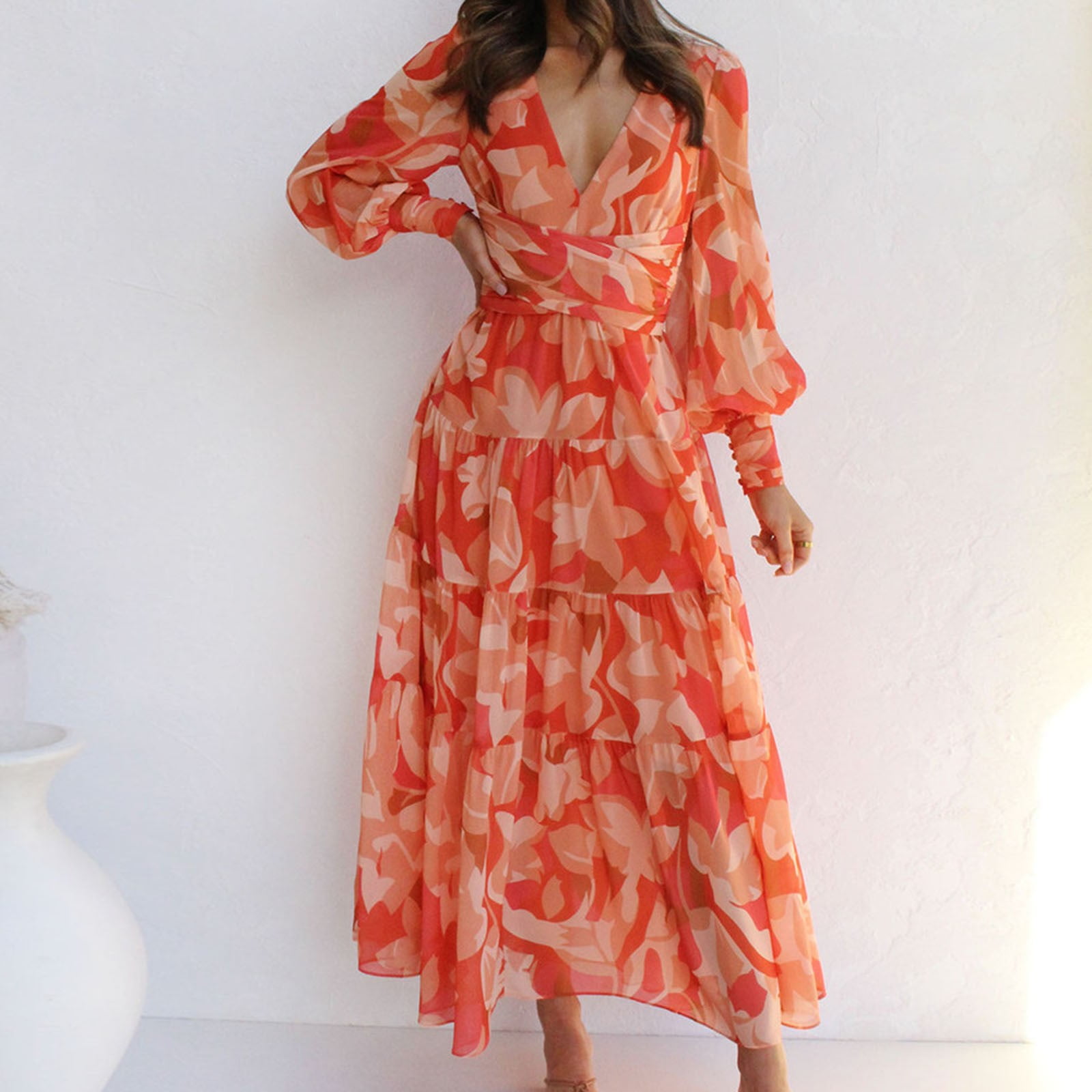 Rciityk Orange Maxi Dresses for Women Casual Floral Deep V Neck Long ...