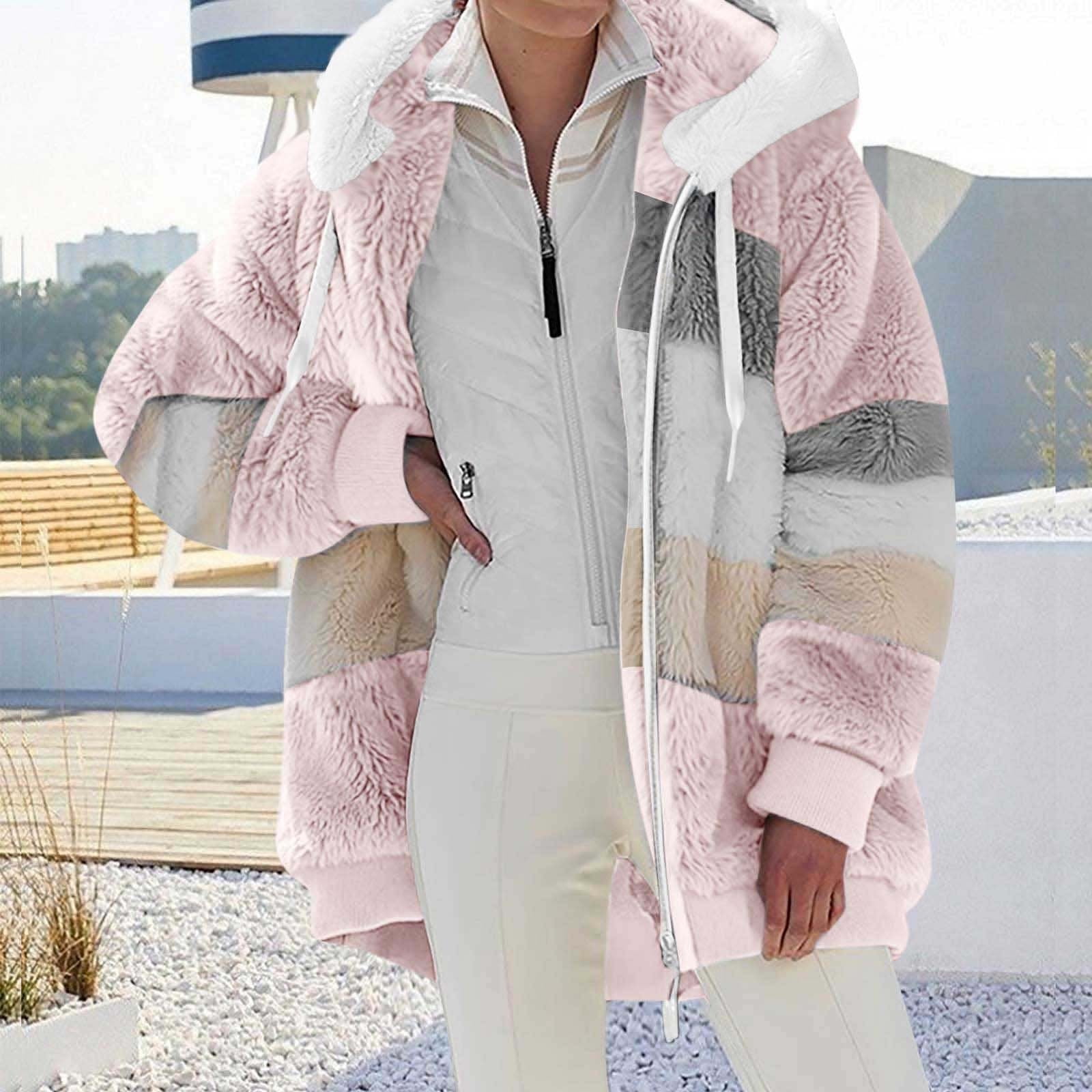 Rciityk Oversized Fuzzy Fleece Jackets For Women Fashion Color Block ...