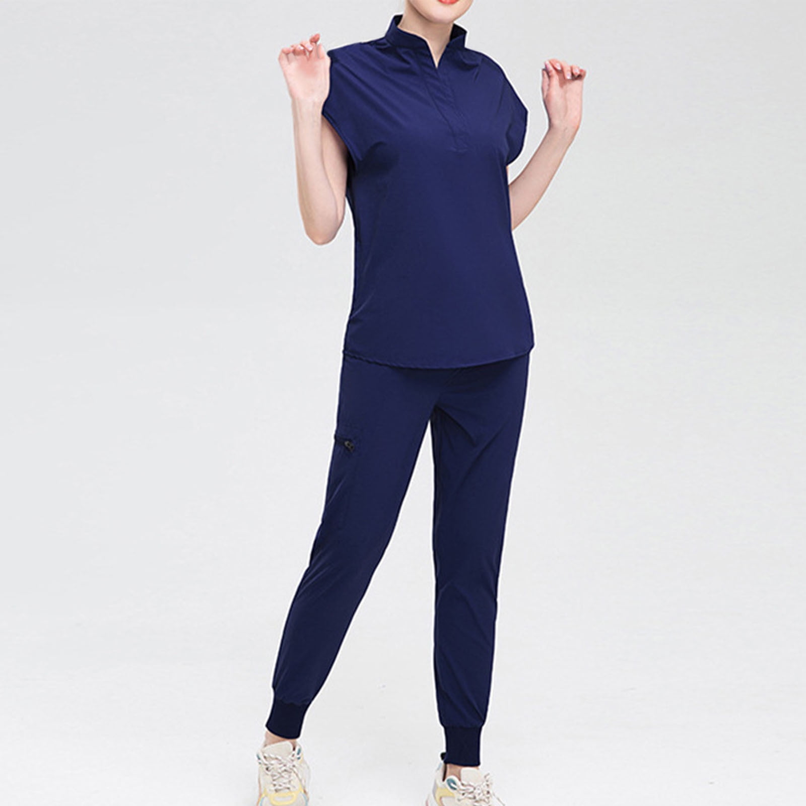 Rciityk Scrub Set for Women Solid Color Short Sleeve Medicals Uniform Women V-neck Button Top ...