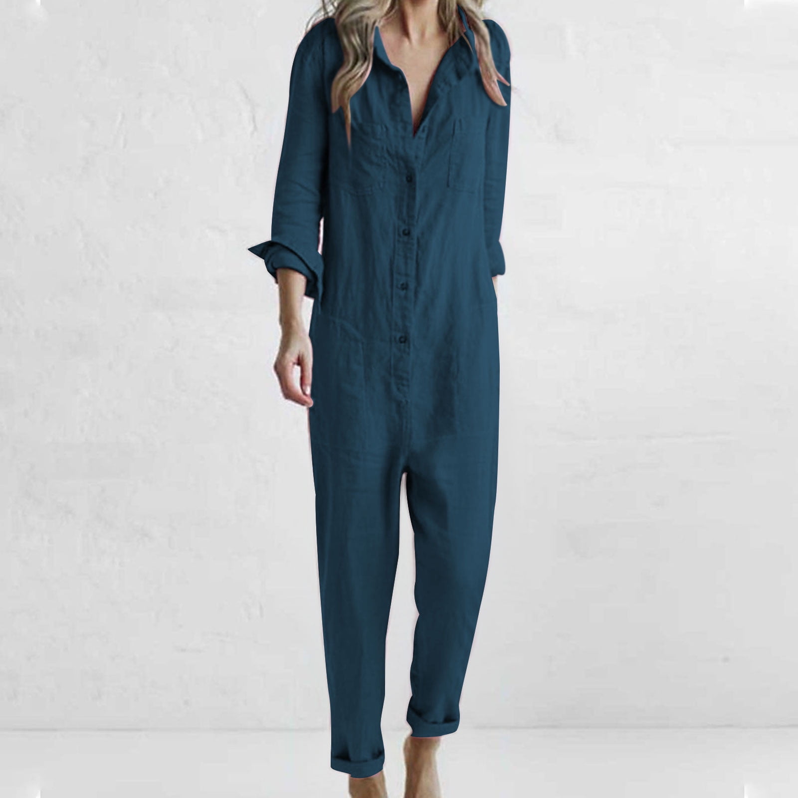 Rciityk Women's Casual Long Sleeve Jumpsuits Turndown Collar Button Up ...