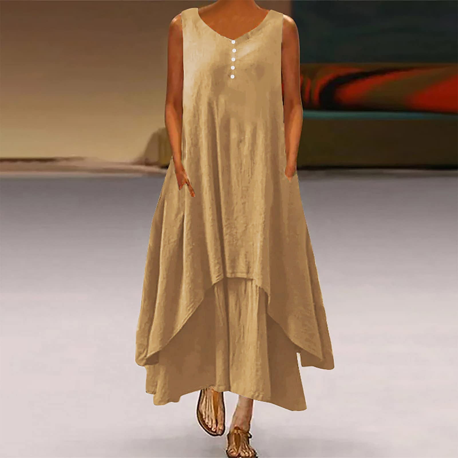 Rciityk Women's Cotton Linen Dress Casual Loose Sundress Long Dress ...