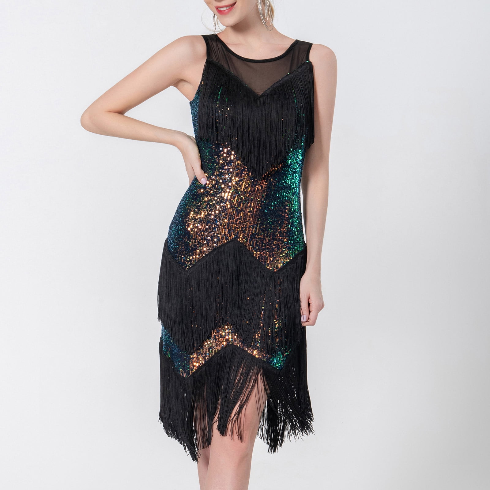 Rciityk Women's Sequin Cocktail Dresses 1920s Flapper Dress Fringe Mini ...