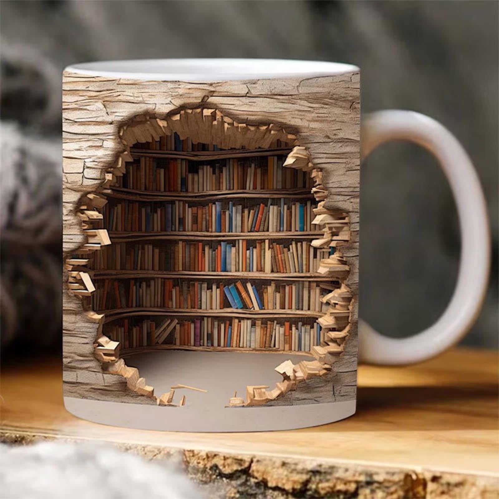 Rdeuod 3D Bookshelf Mug, 11oz White Ceramic, Library Shelf Design ...