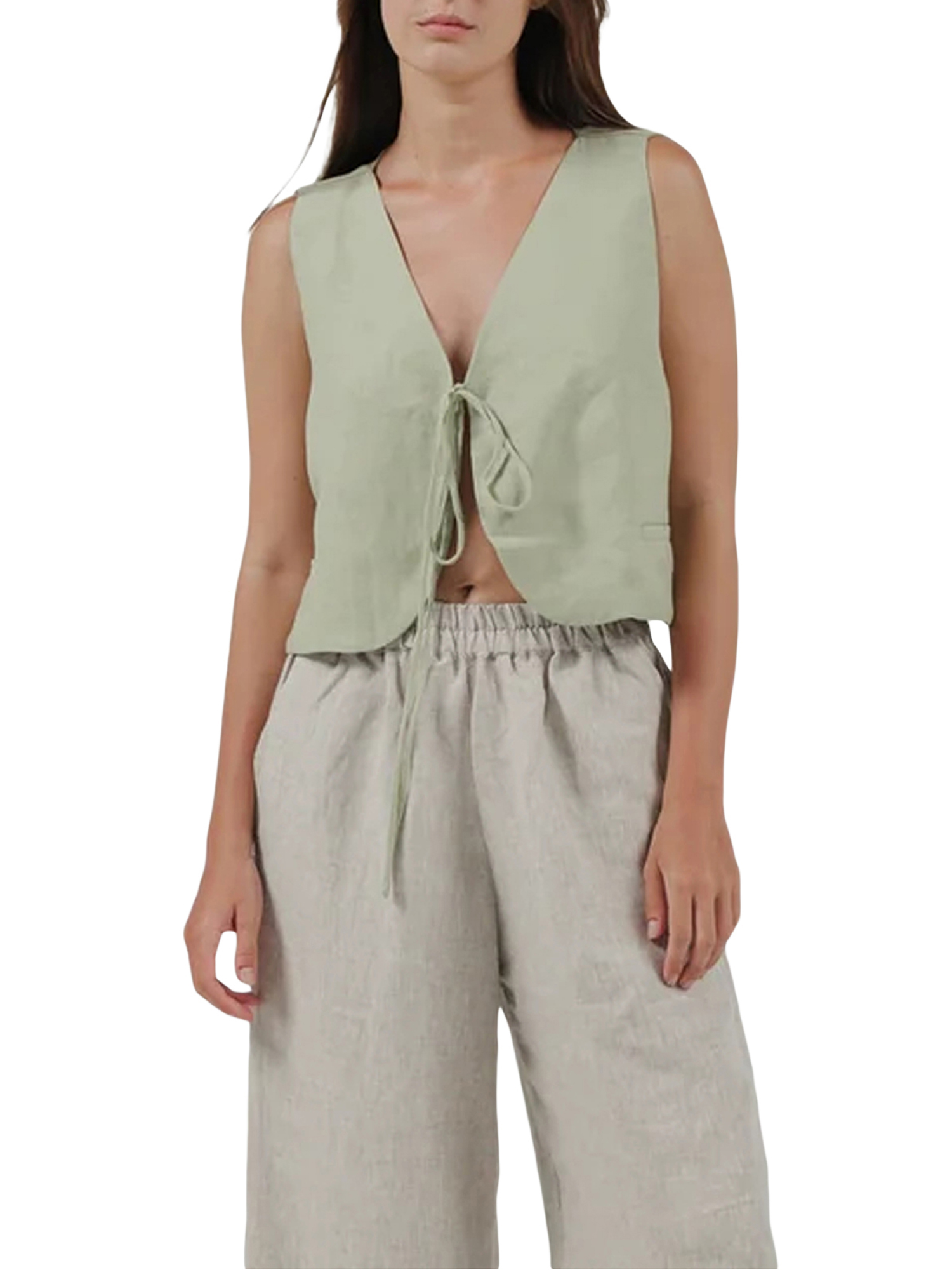 Rdhnmea Women Cotton Linen Tie Front Tank Tops Sleeveless Tie Up Solid