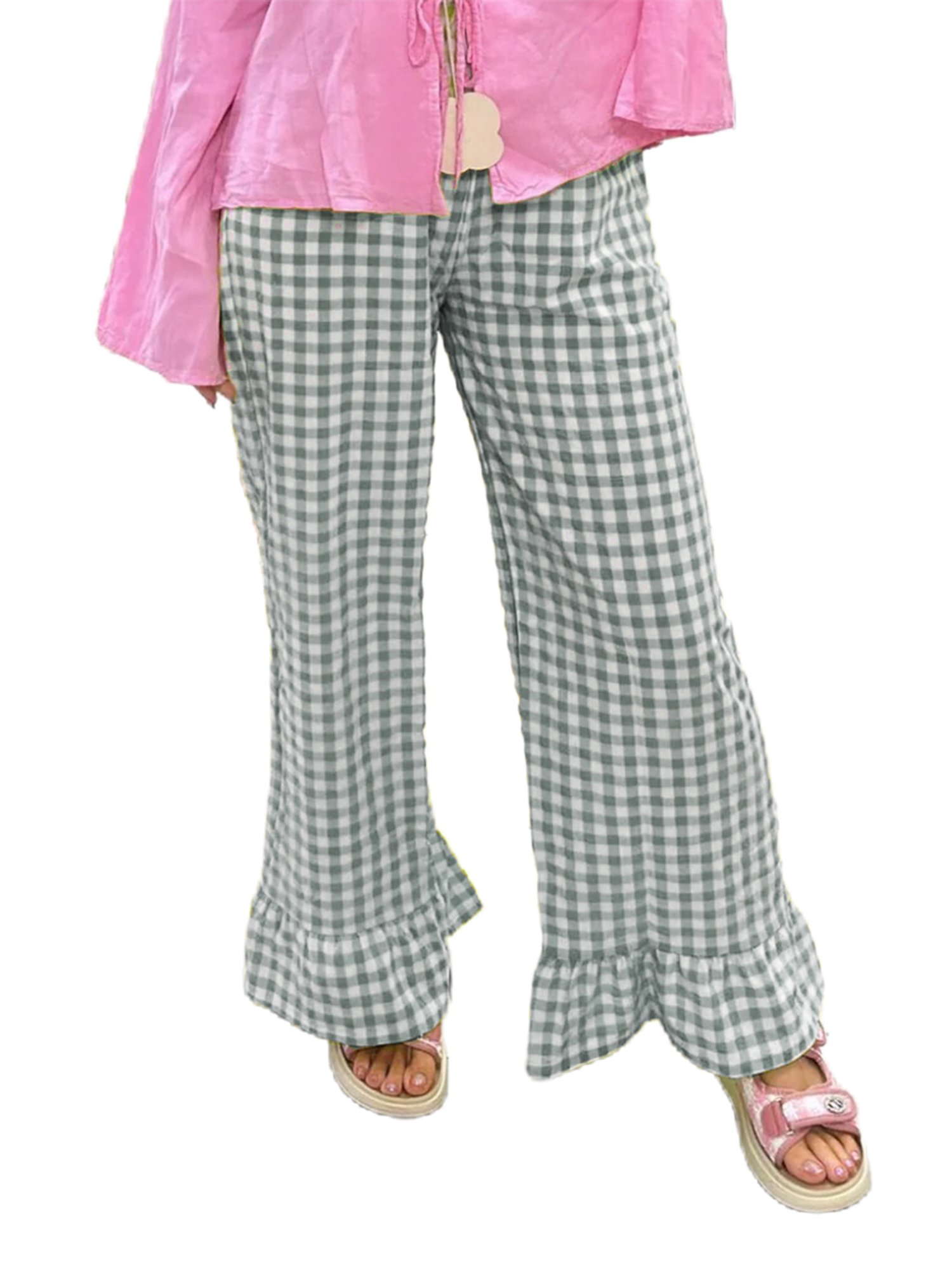 Rdhnmea Women Gingham Pants Y2K Ruffled Legs Plaid Print Pants Elastic ...