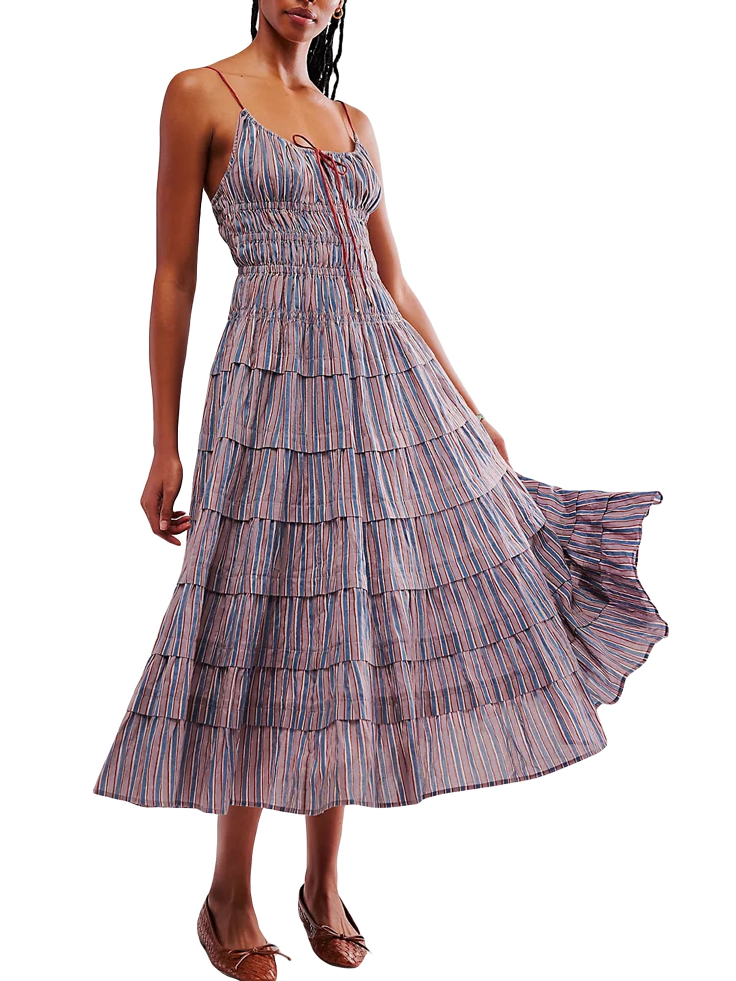 Rdhnmea Women Layered Slip Dress Spaghetti Straps Backless Striped Long ...