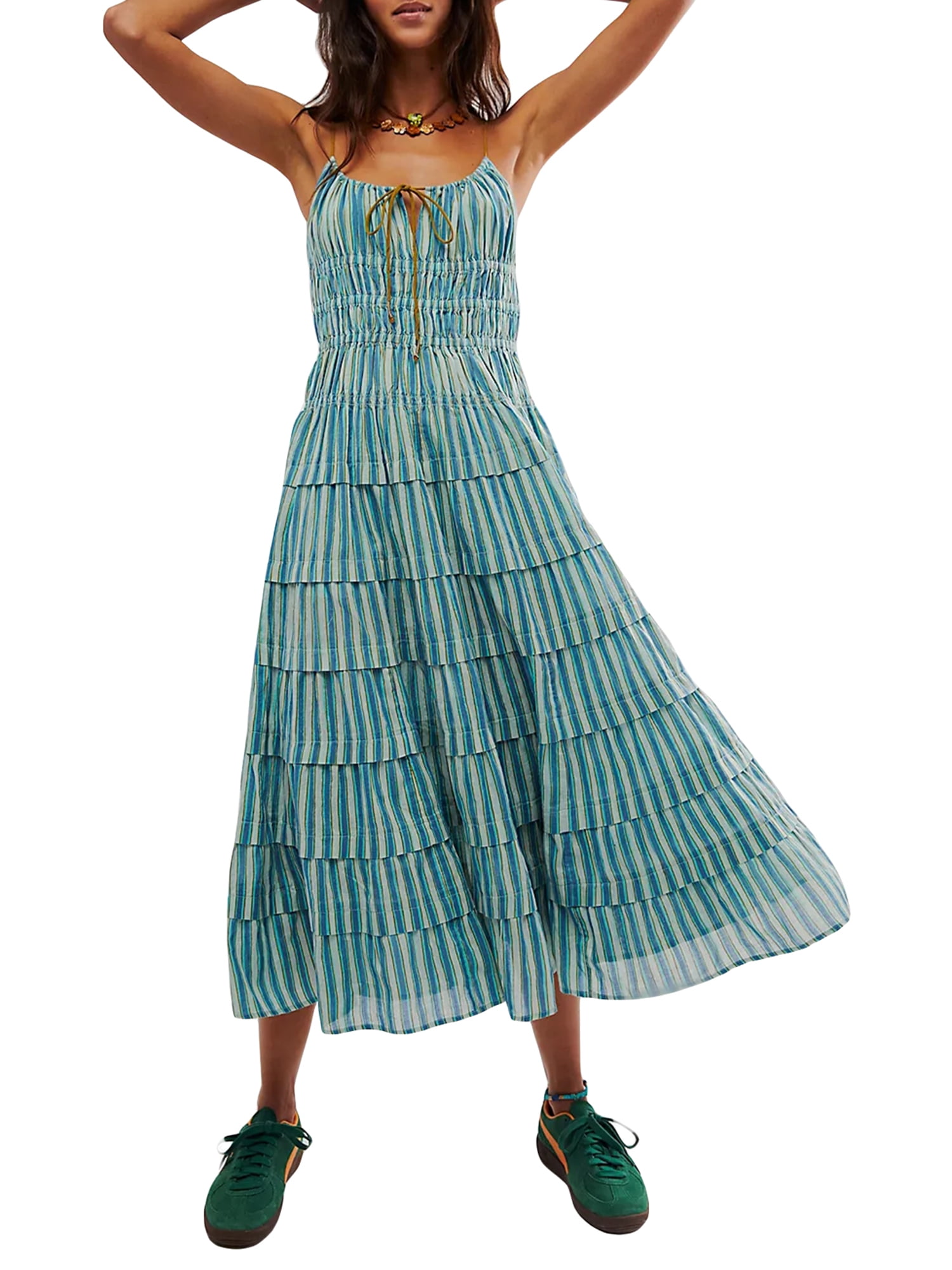 Rdhnmea Women Layered Slip Dress Spaghetti Straps Backless Striped Long ...