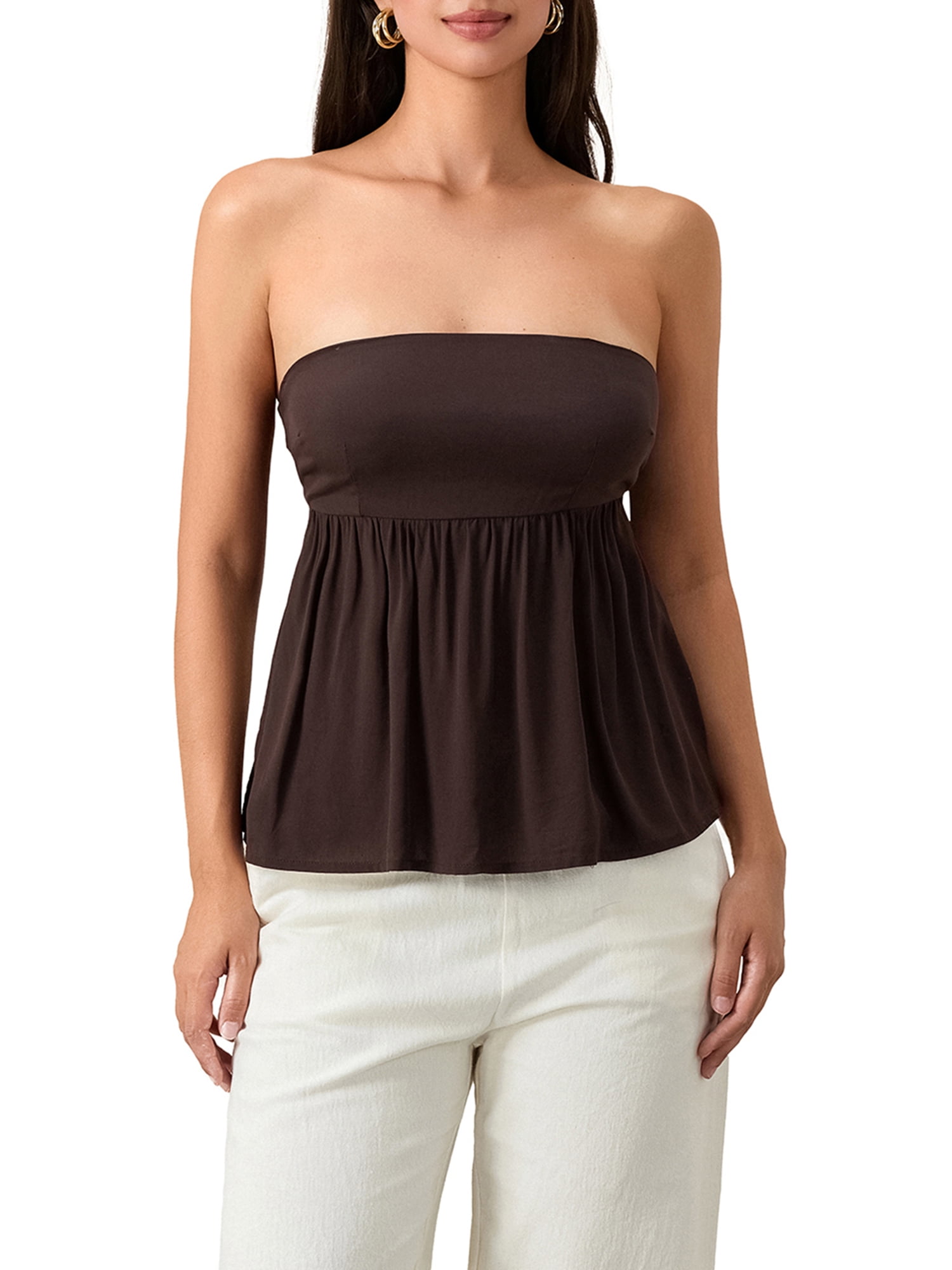 Rdhnmea Women Peplum Strapless Tube Top Pleated Solid Flowy Bandeau ...