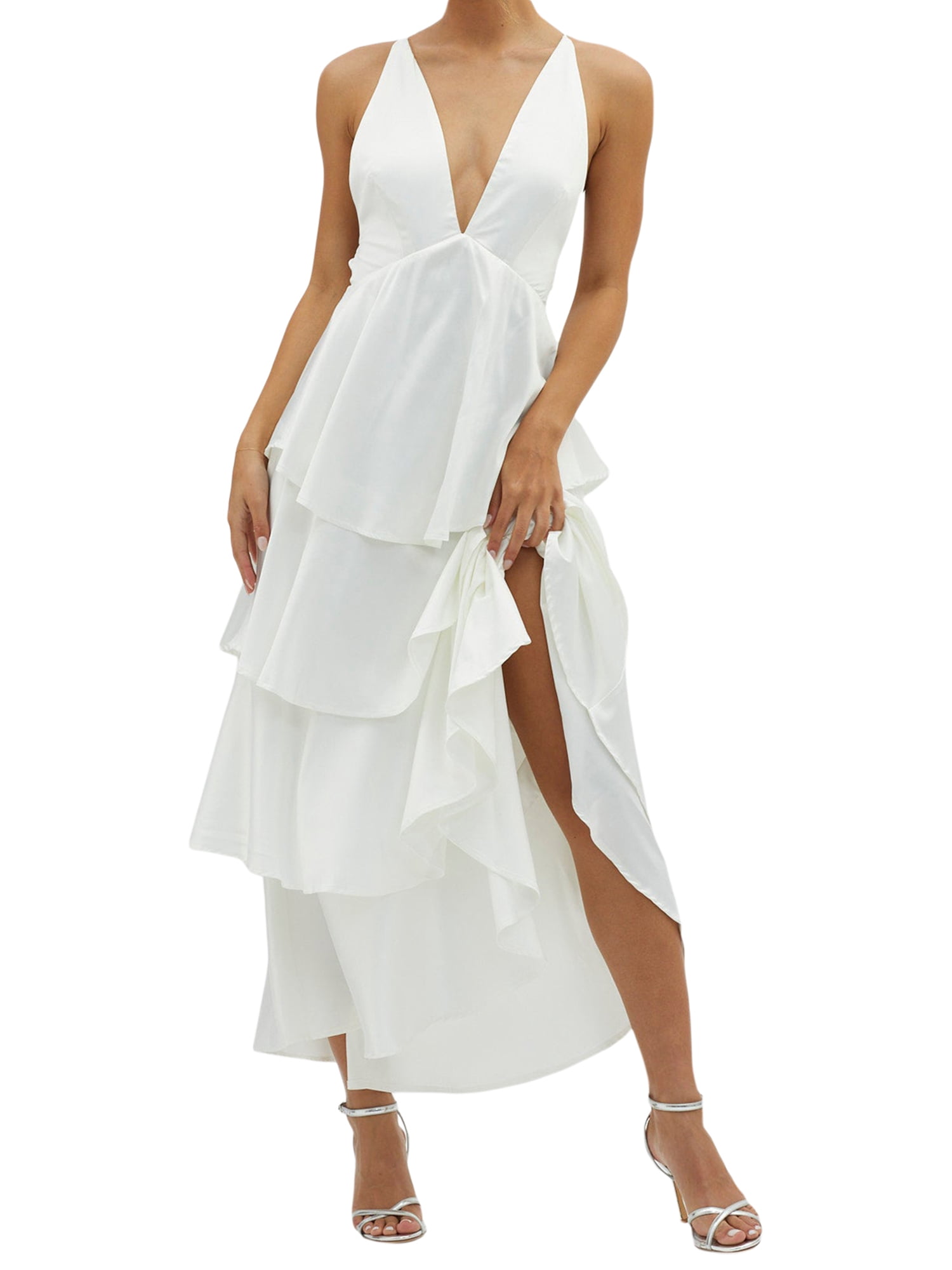 Rdhnmea Women Satin Halter Maxi Dress Sexy Sleeveless Deep V Neck ...