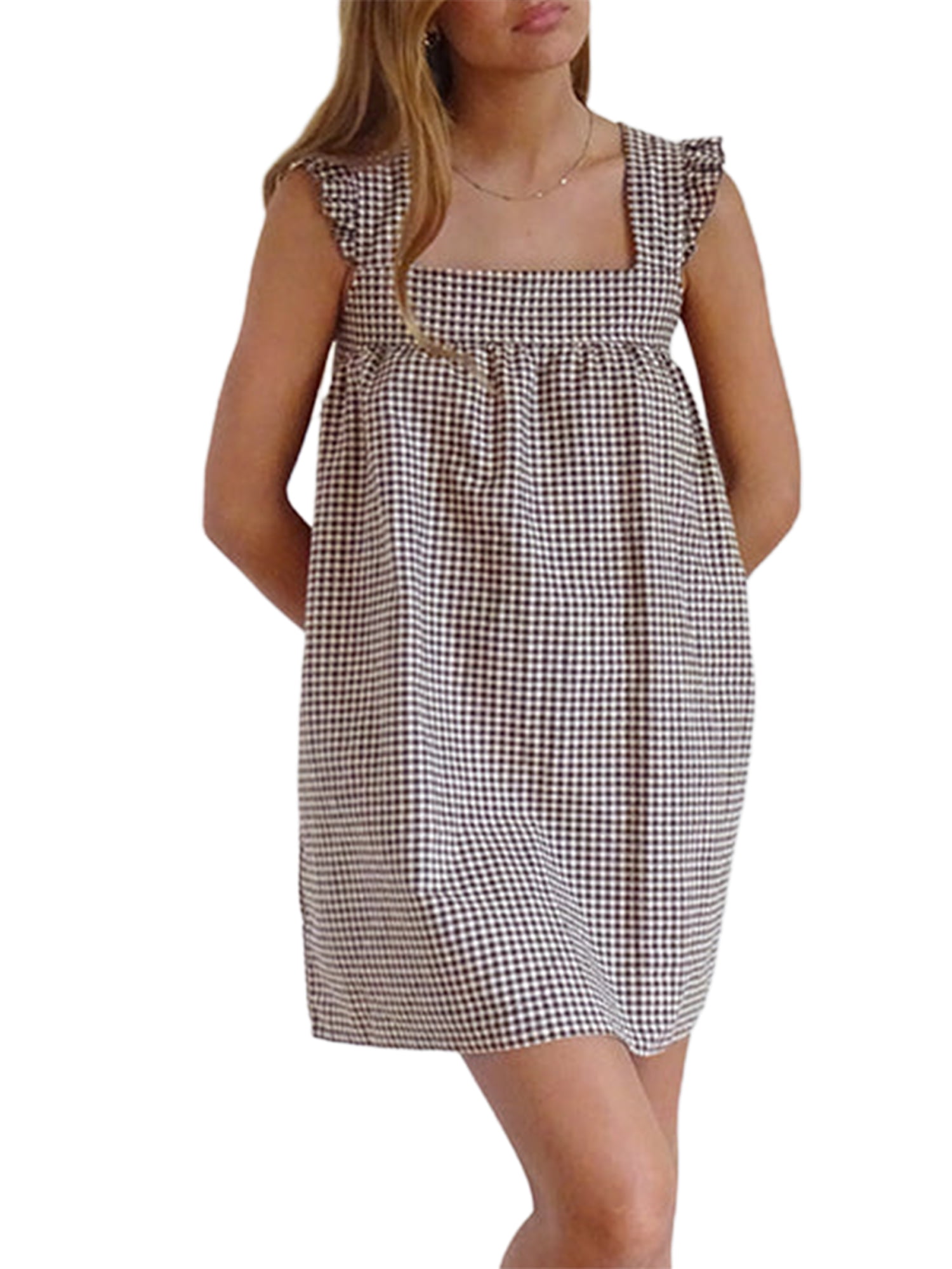 Rdhnmea Women Summer Mini Plaid Dress Ruffle Trim Square Neck Babydoll ...