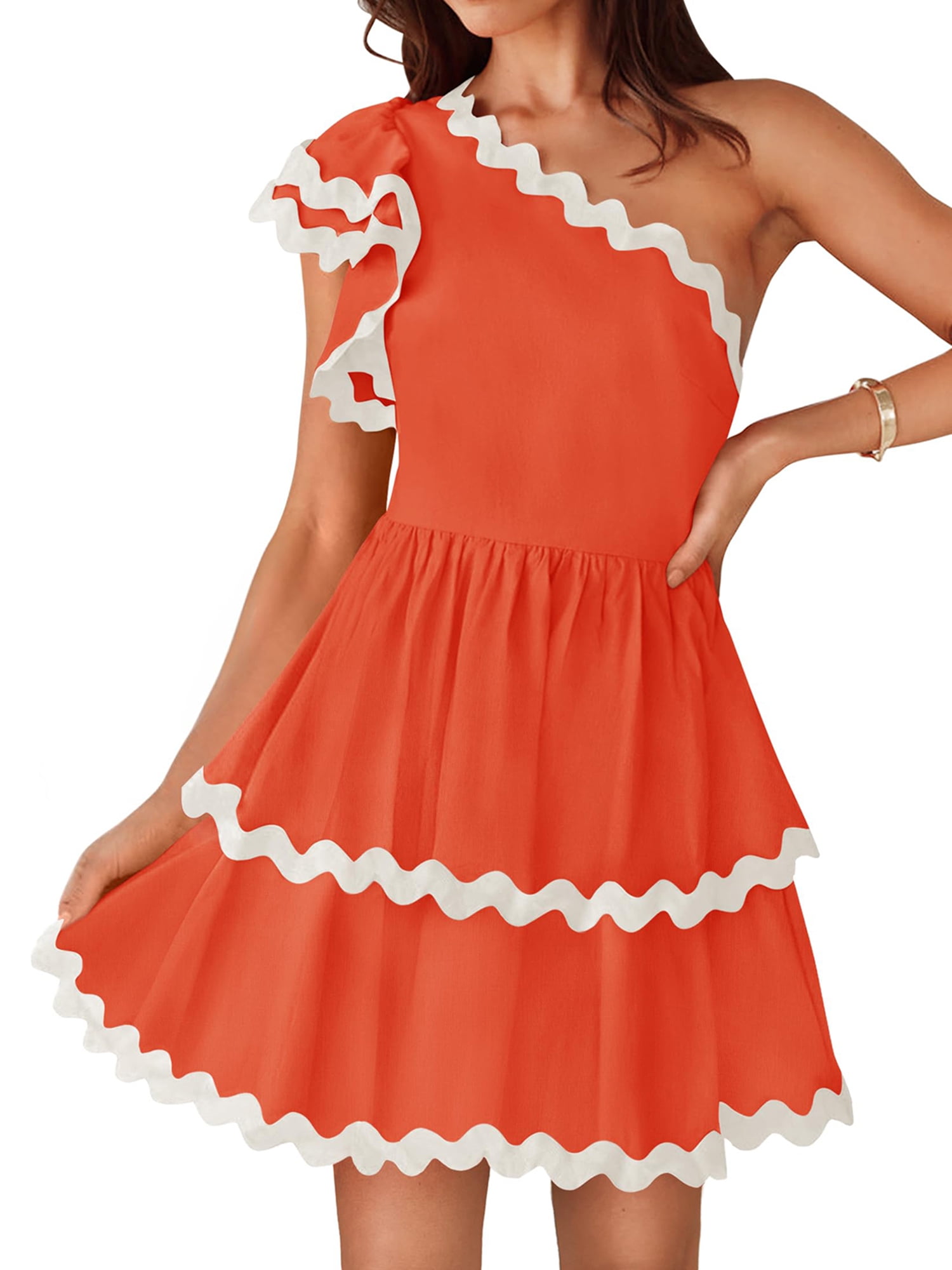 Rdhnmea Women's 2024 Summer One Shoulder Dresses Ruffle Short Sleeve ...