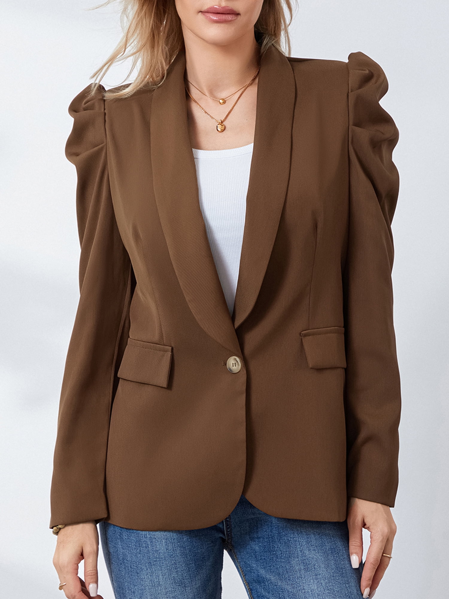 Rdhnmea Women's Blazers Coat Open Front Puff Sleeve Office Blazer ...