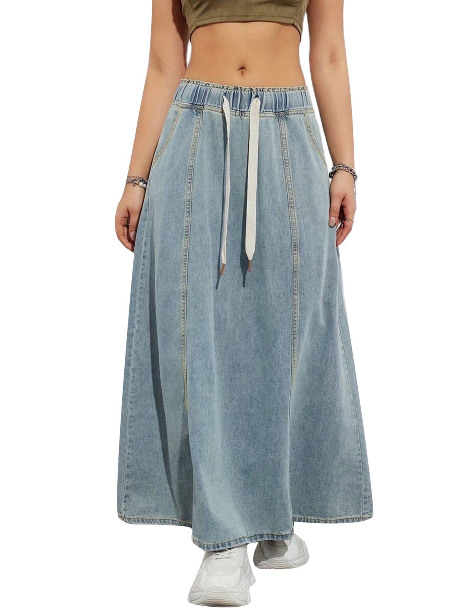 Rdhnmea Women's Denim Long Skirts Elastic Drawstring High Waist A Line ...