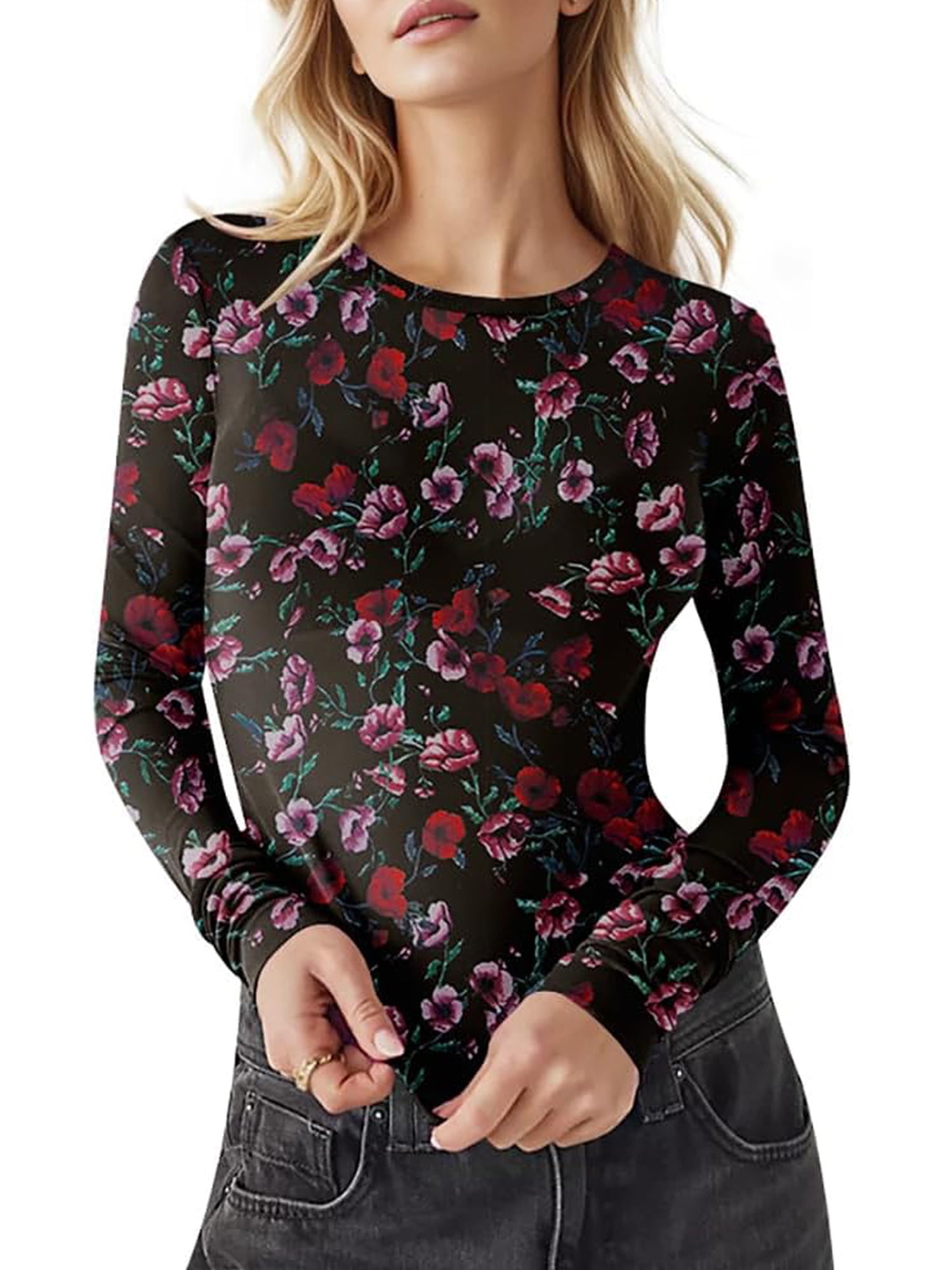 Rdhnmea Women's Mesh Tops Long Sleeve Floral/Leopard Print Slim Fit T ...