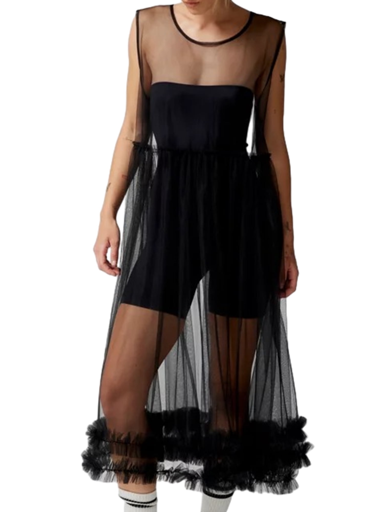 Rdhnmea Women's Sheer Mesh Midi Dress Solid Color Crew Neck Ruffles ...