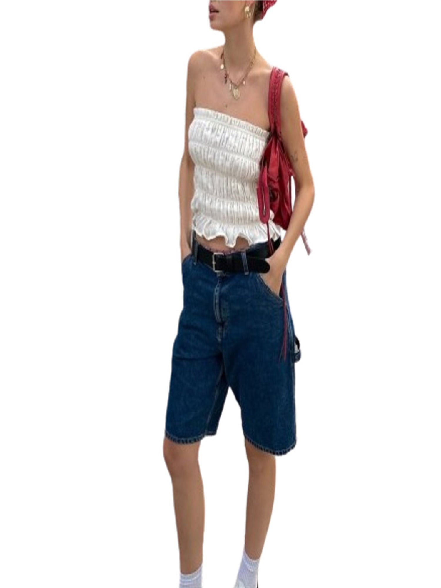 Rdhnmea Women's Solid Color Tube Tops Ruffled Tiered Smocked Boat Neck ...