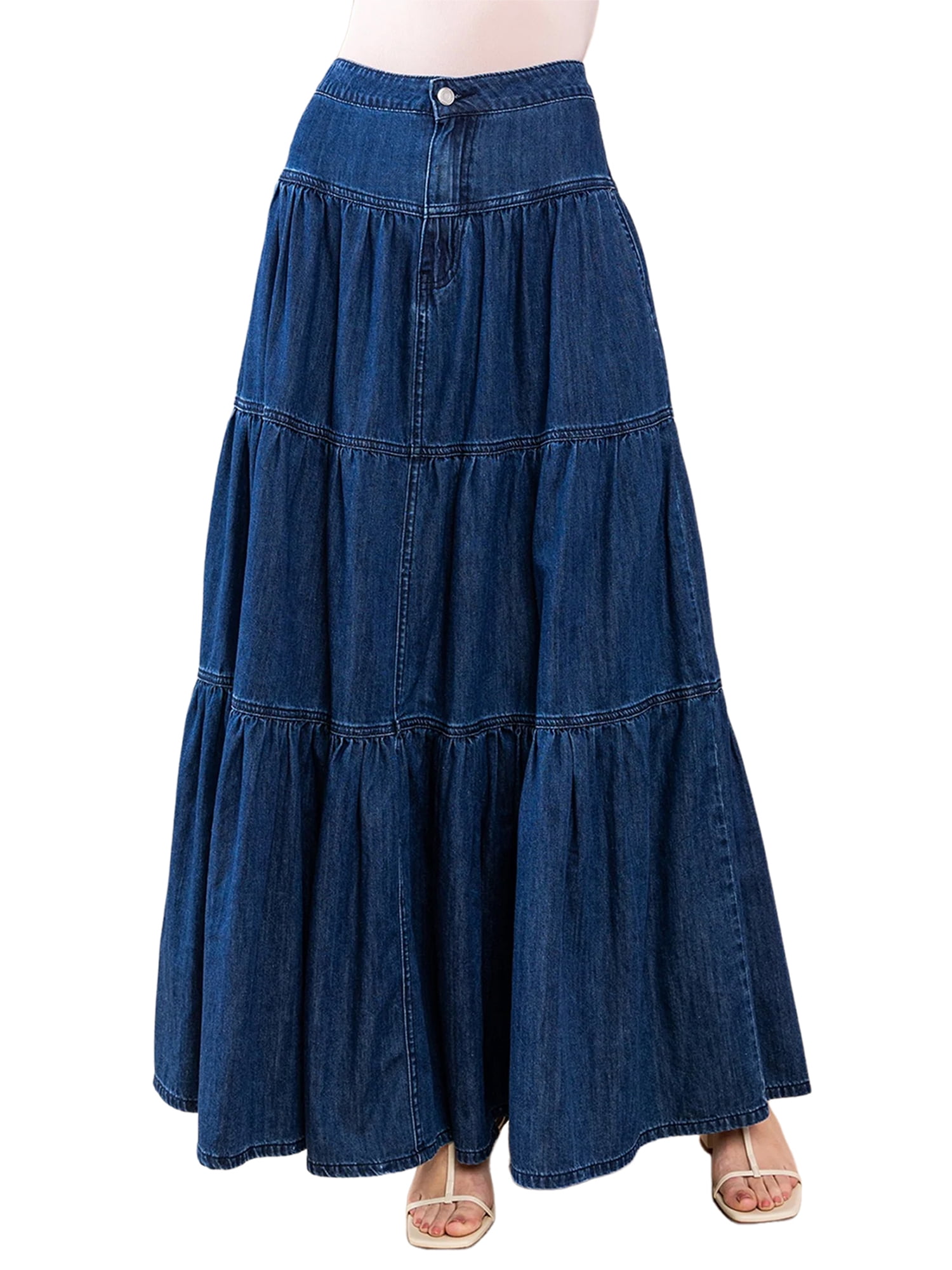 Rdhnmea Womens Denim Long Skirt Stylish Solid High Waist A-Line Jean ...