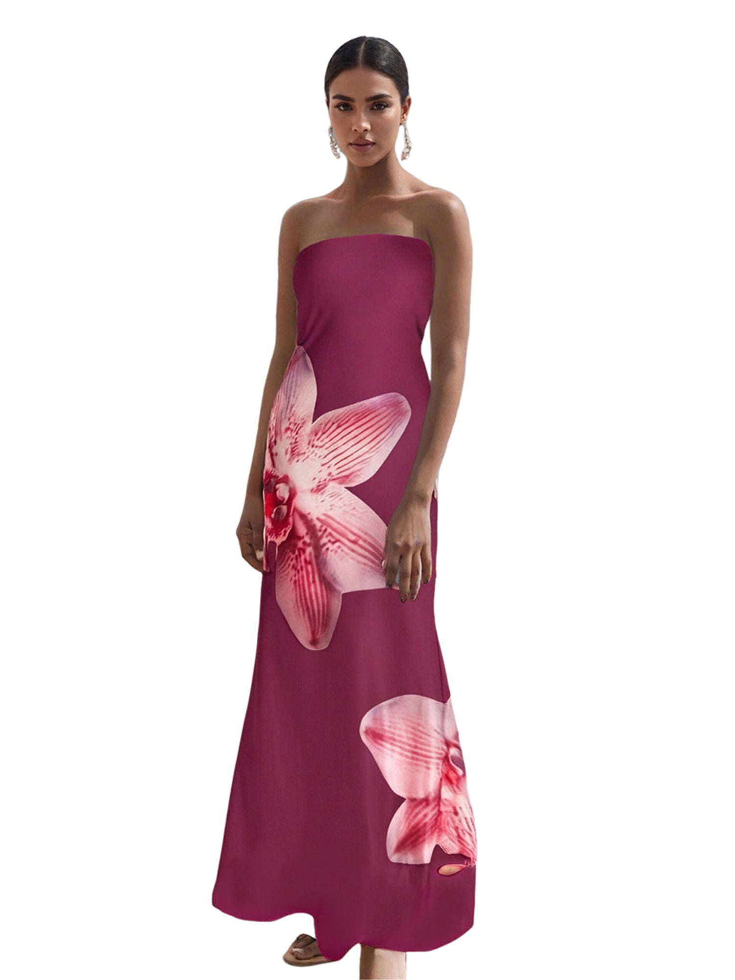 Rdhnmea Womens Floral Print Strapless Maxi Dress Sexy Backless Long ...