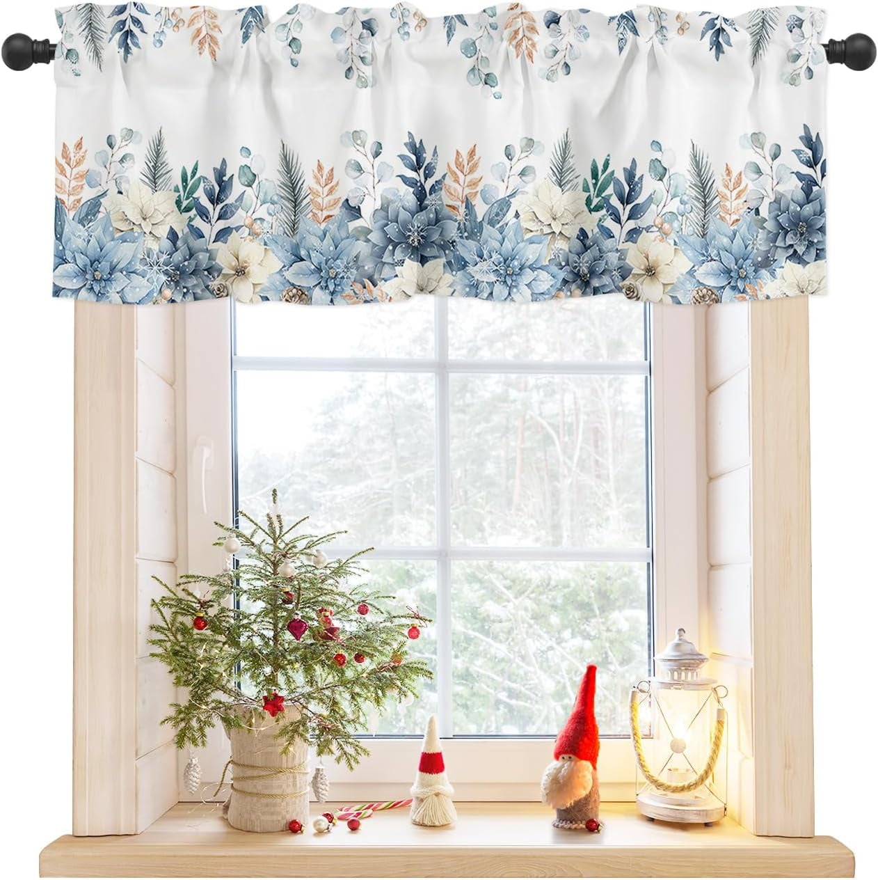 Rdsfhsp Blue Christmas Poinsettia Valance Curtains for Kitchen Windows ...