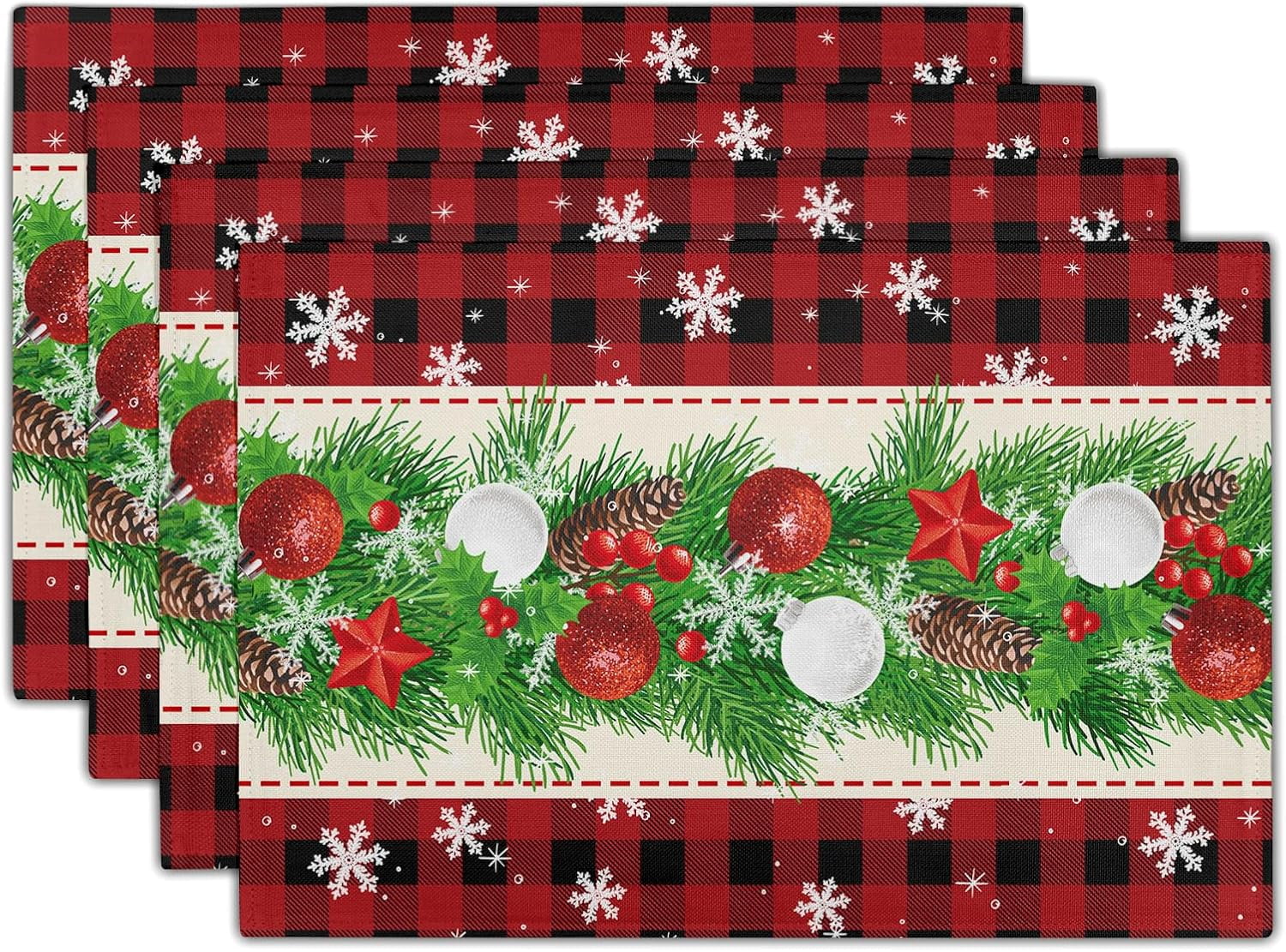 Rdsfhsp Christmas Placemats Set of 4 - Buffalo Plaid Xmas Bells Linen ...