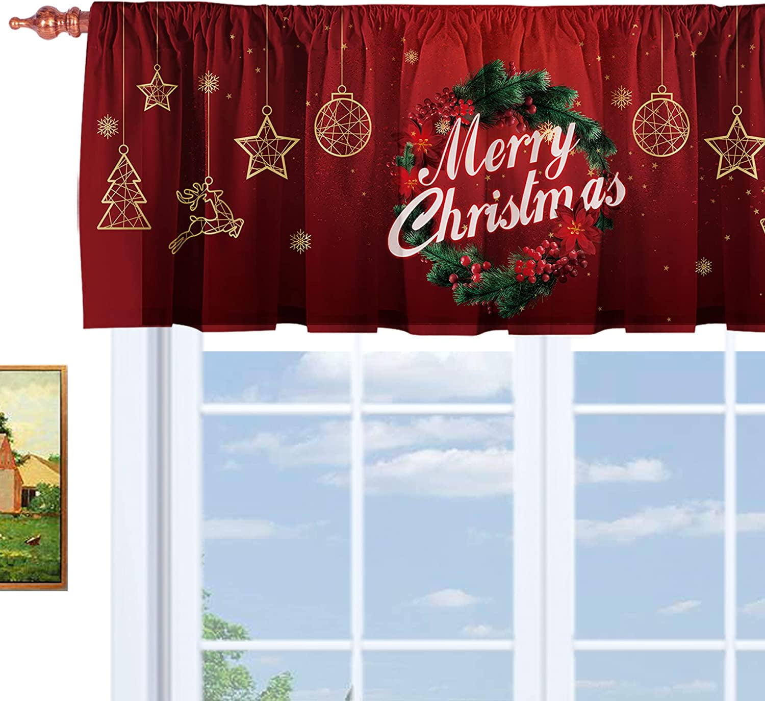 Rdsfhsp Christmas Wreath Red Windows Valances Christmas Star Deer ...