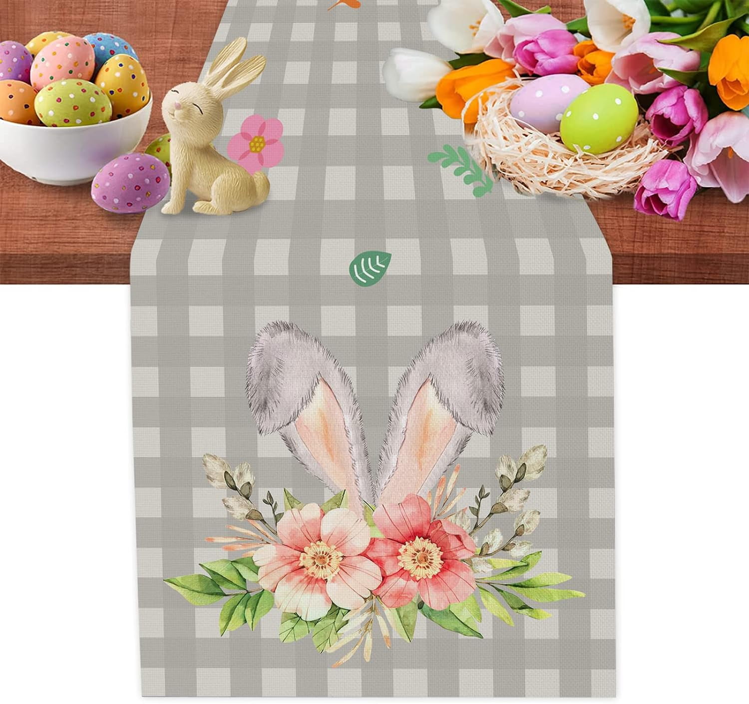 Rdsfhsp Easter Buffalo Plaid Bunny Ears Flower Table Runner, Spring ...