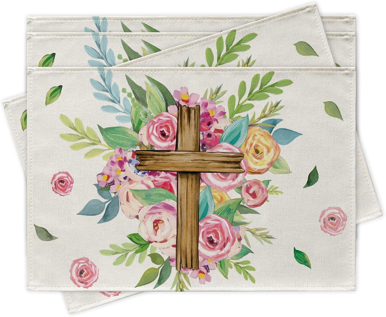 Rdsfhsp Easter Christian Cross Linen Placemats Set of 4, Religious Pink ...