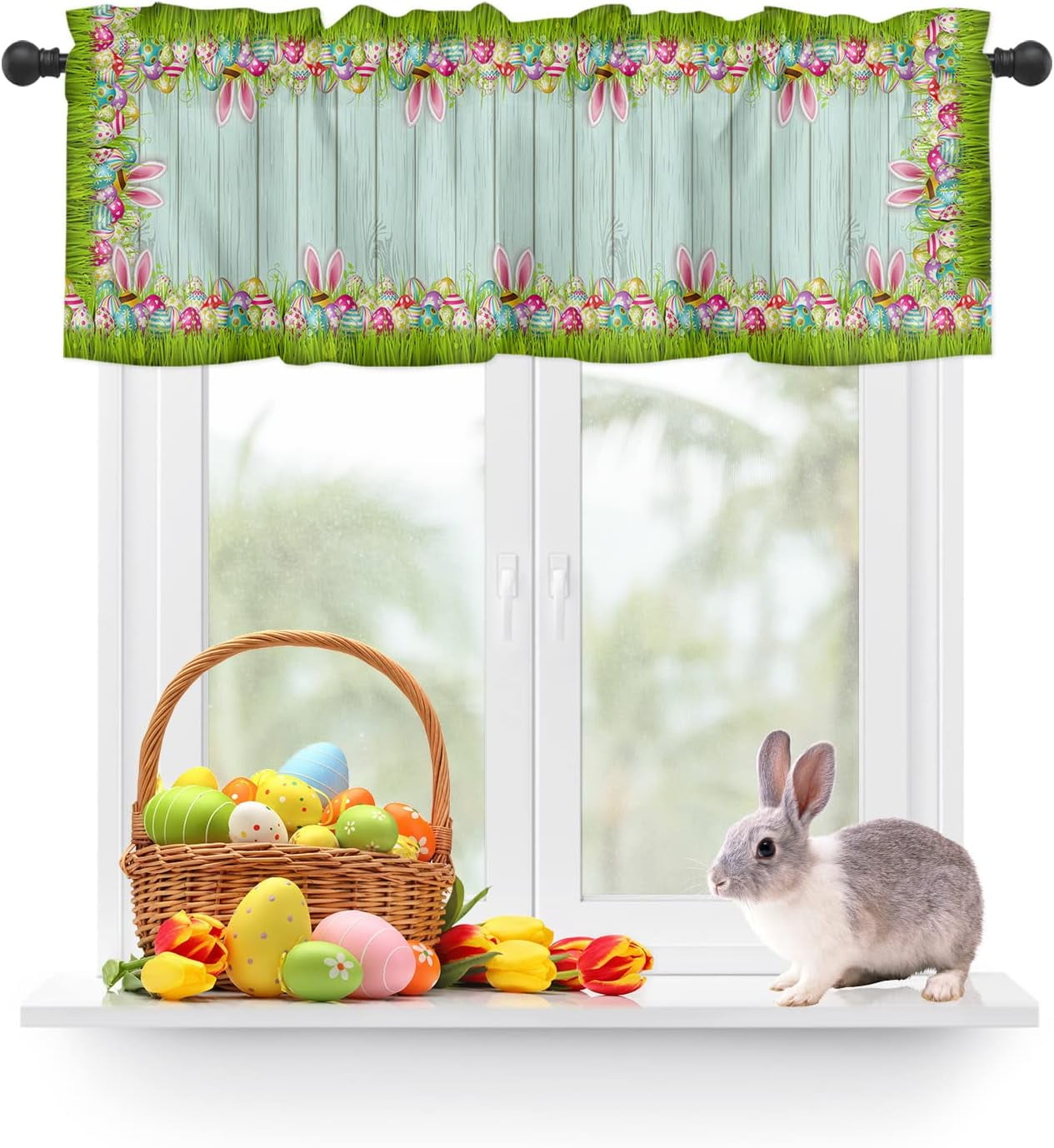 Rdsfhsp Easter Curtain Valance for Kitchen Windows,Bunny Ear Rod Pocket ...