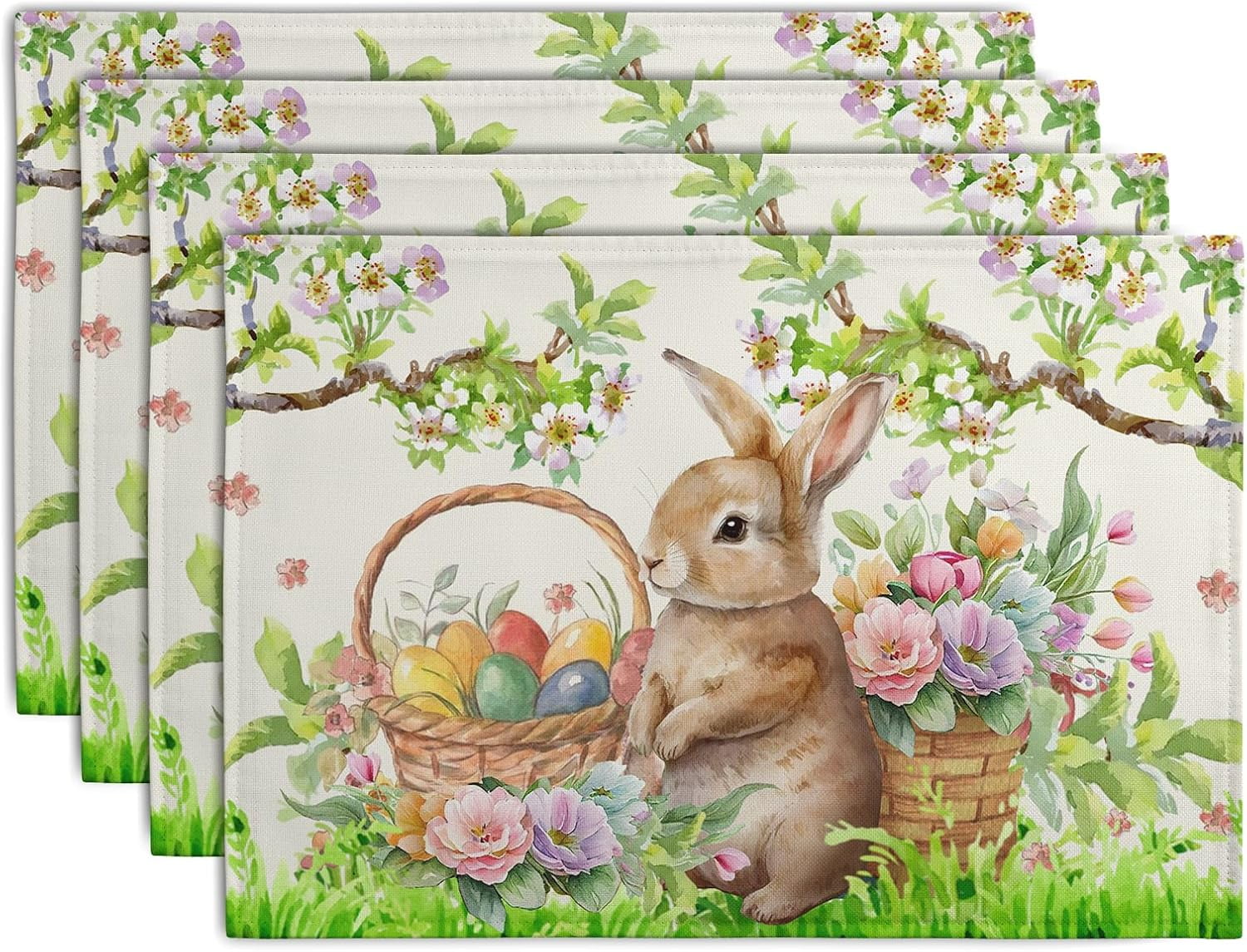 Rdsfhsp Easter Rabbit Linen Placemats Set of 4, Spring Easter Egg Bunny ...