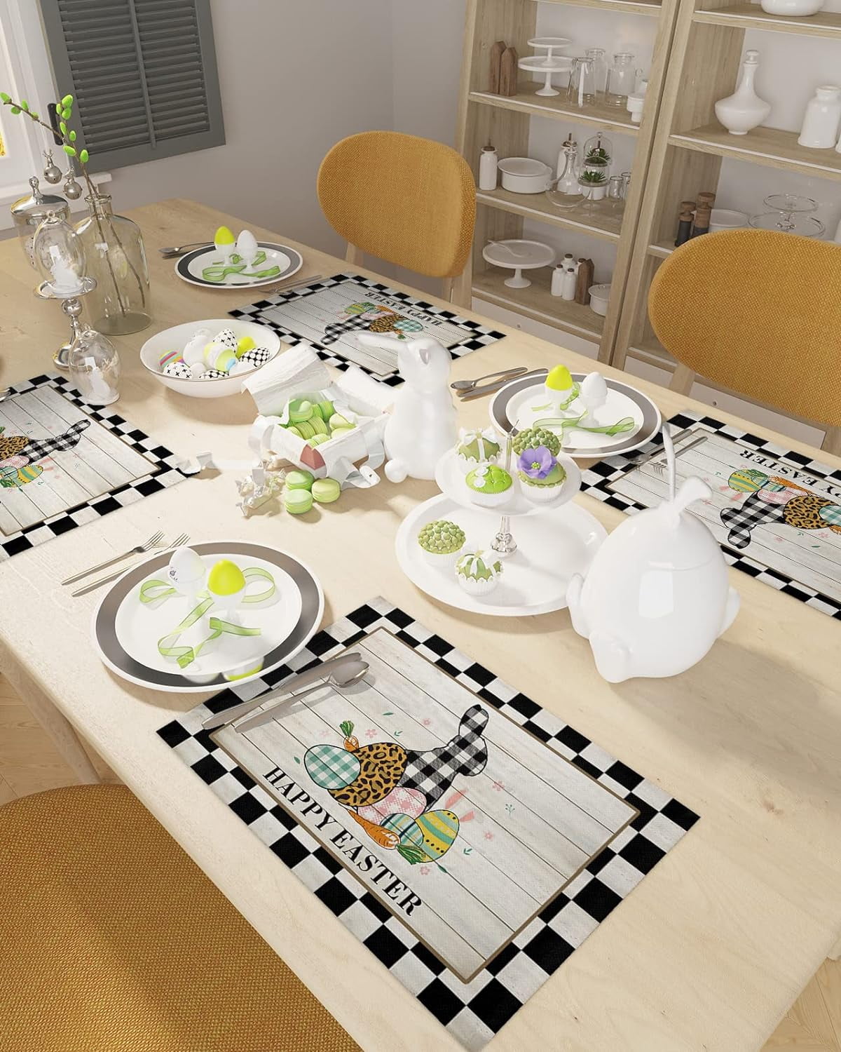 Rdsfhsp Happy Easter Farm Placemats Set of 4, Rabbit Eggs Black Grid ...