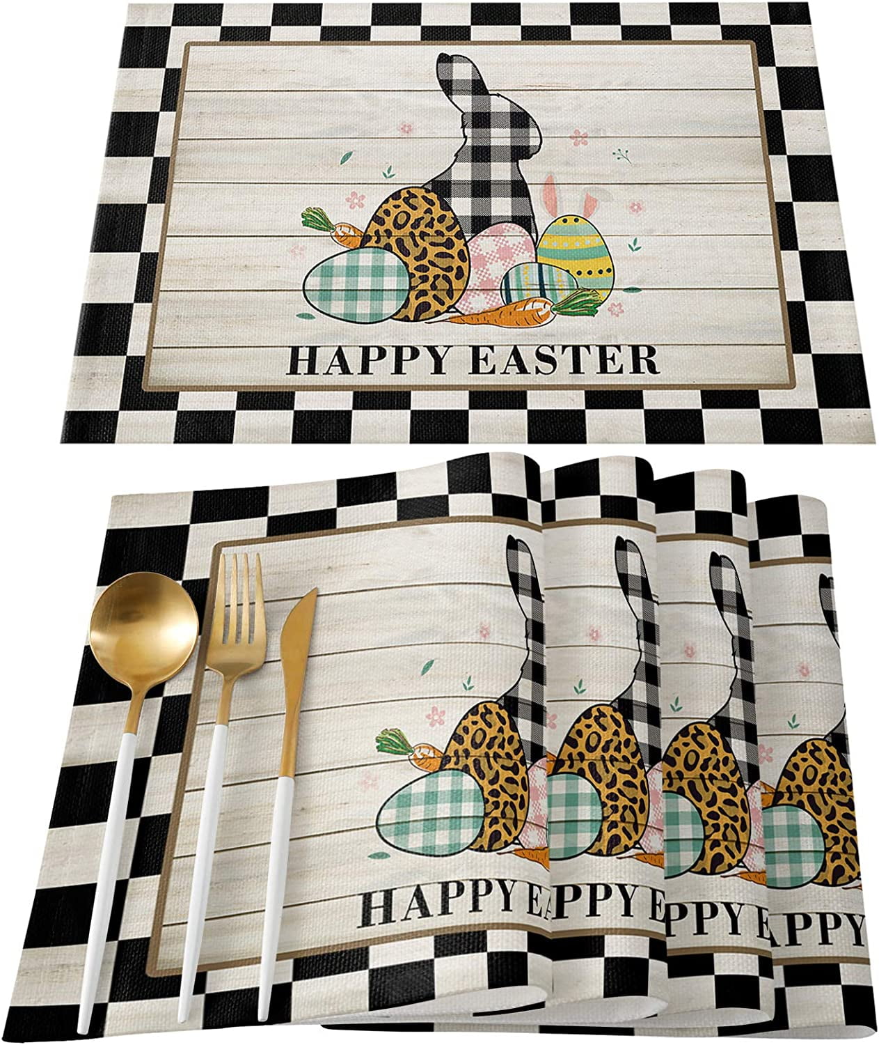 Rdsfhsp Happy Easter Farm Placemats Set of 4, Rabbit Eggs Black Grid ...