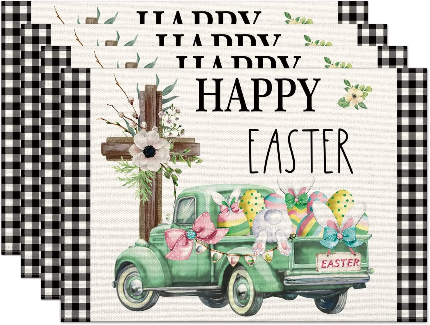 Rdsfhsp Happy Easter Placemats Set of 4, 12x18 Inch Buffalo Plaid Truck ...