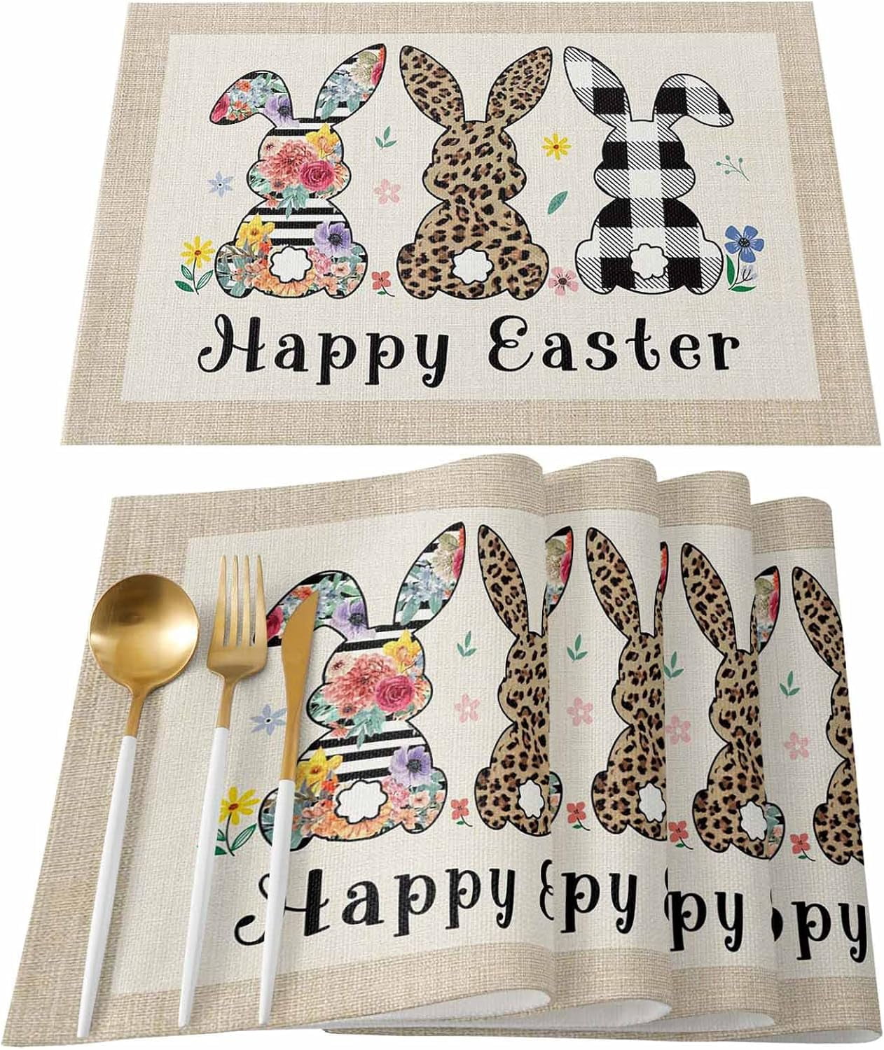 Rdsfhsp Happy Easter Placemats Set of 4, Plaid Bunny Happy Easter Heat ...