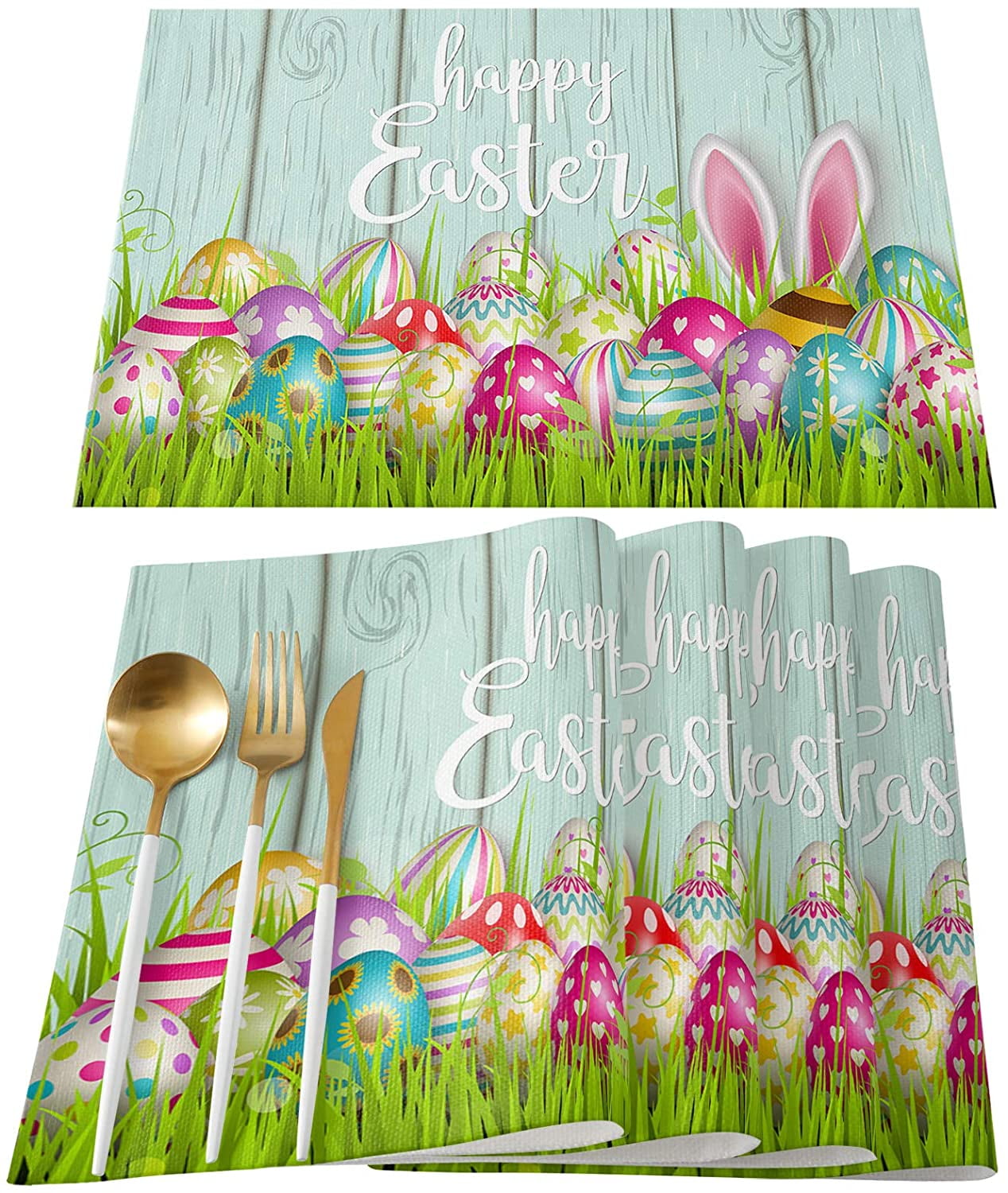 Rdsfhsp Happy Easter Rabbit Ear Colorful Eggs Placemats for Dining ...