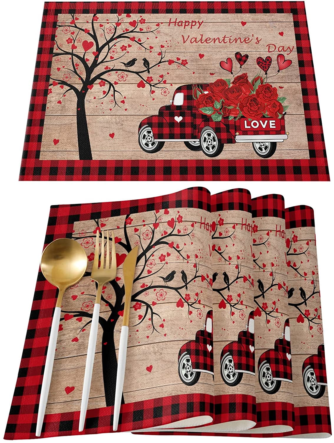 Rdsfhsp Happy Valentine's Day Love Heart Tree Placemats for Dining ...