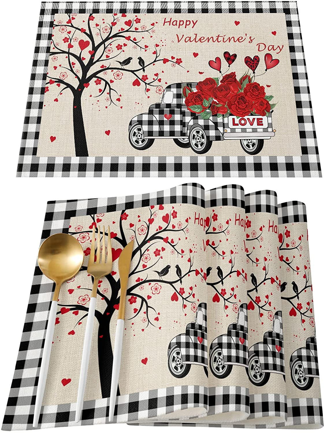 Rdsfhsp Happy Valentines Day Placemats Set of 4, Plaid Hem Love Tree ...