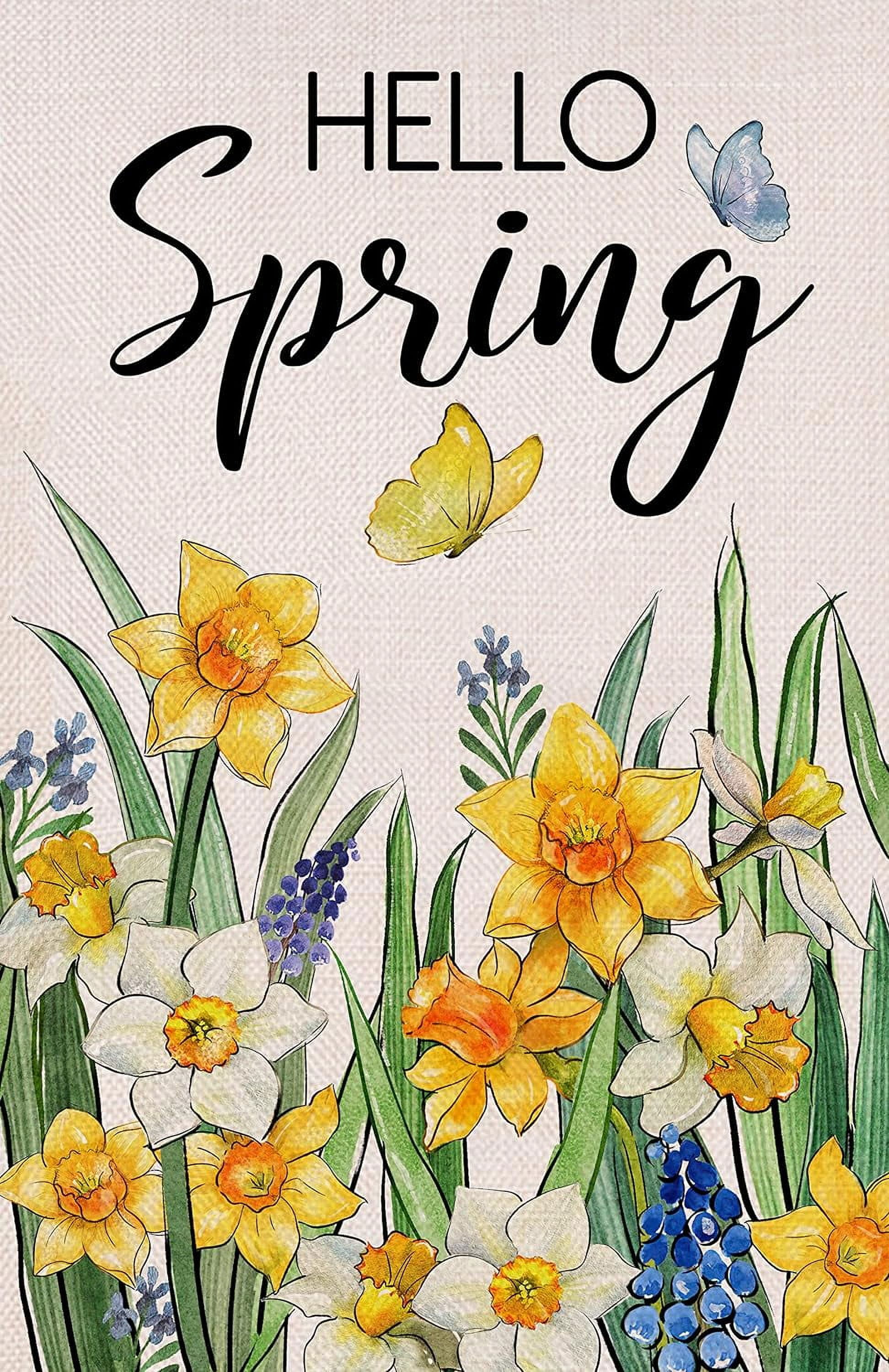 Rdsfhsp Hello Spring Floral Flowers Decorative Linen Garden Flag ...