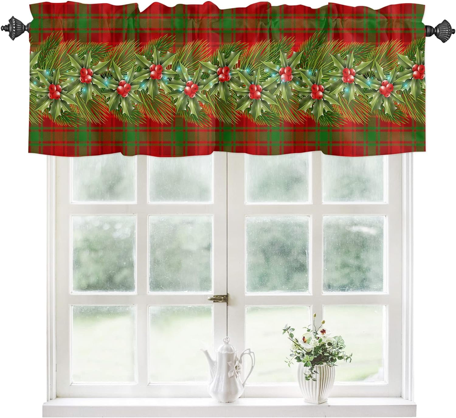 Rdsfhsp Kitchen Curtains Valances, Christmas Poinsettia Pine Branches ...