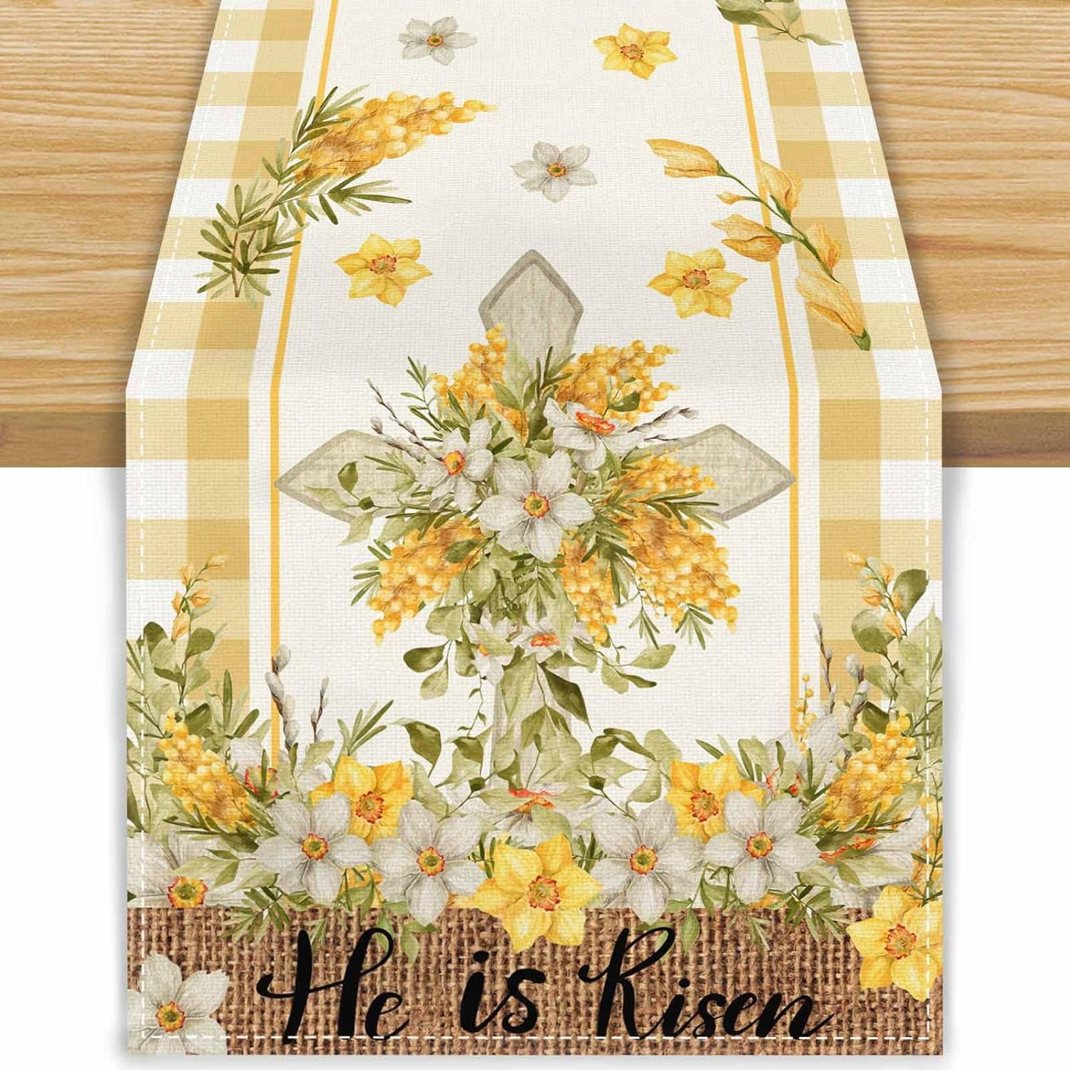 Rdsfhsp Linen He is Risen Easter Table Runner Buffalo Plaid Religious ...