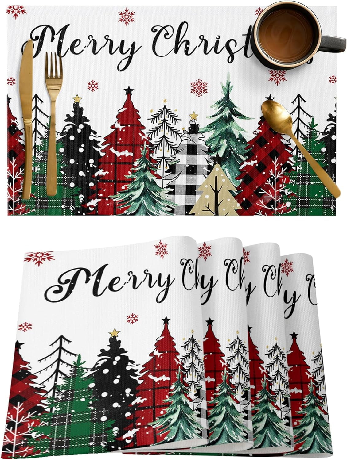 Rdsfhsp Merry Christmas Placemats Set of 4, Red Green Plaid Pine Tree ...