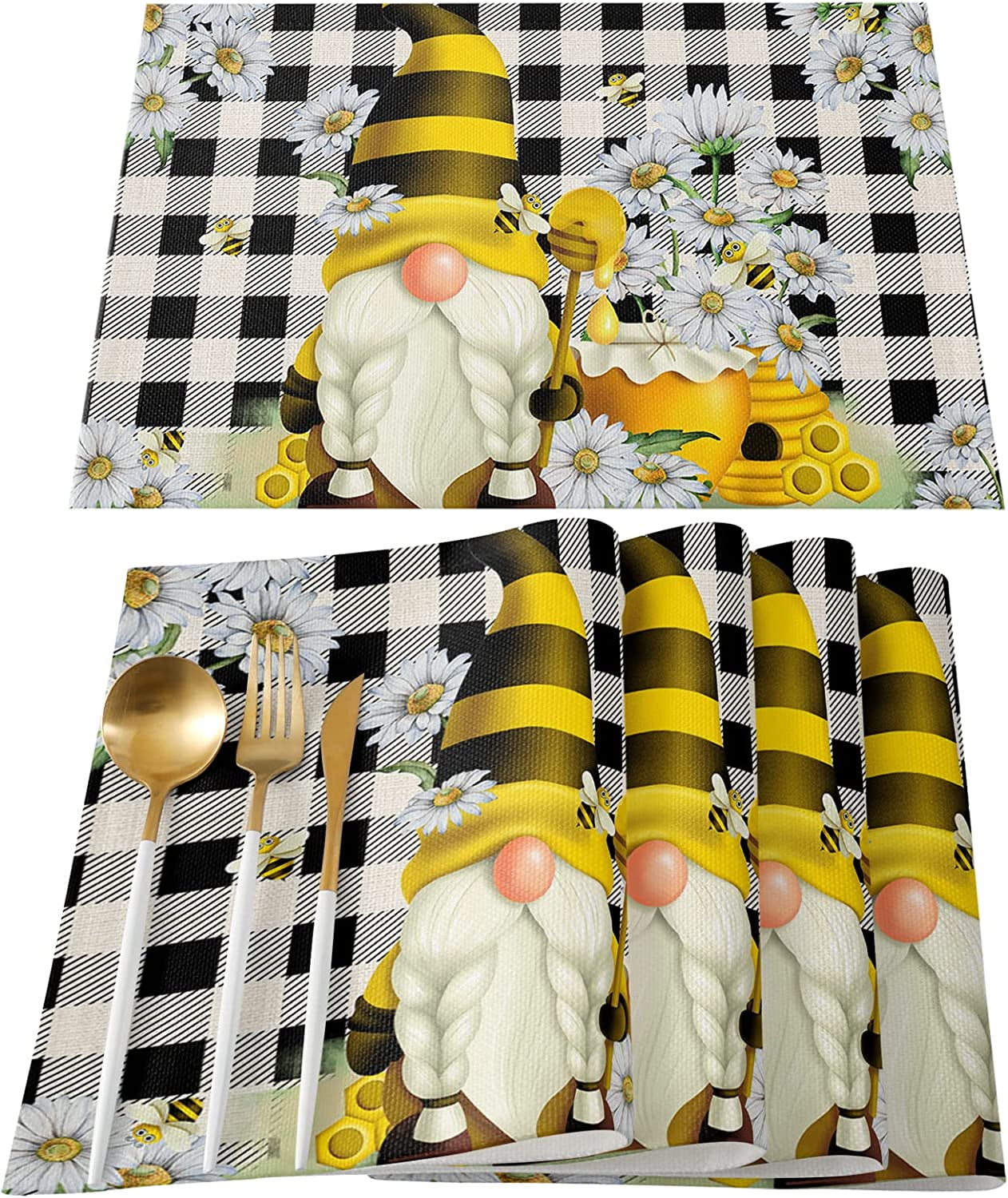 Rdsfhsp Spring Honey Bee Gnome Placemats Set of 4 Summer Daisy Flowers ...