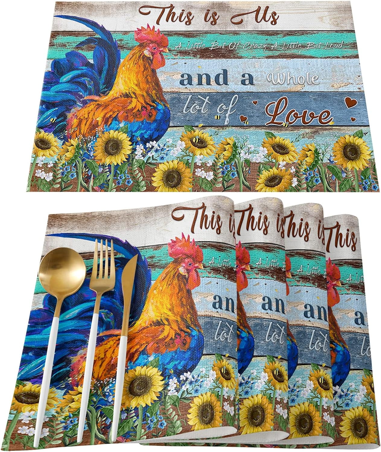 Rdsfhsp Table Placemats Set of 4, Rooster and Sunflower Wooden Plank ...
