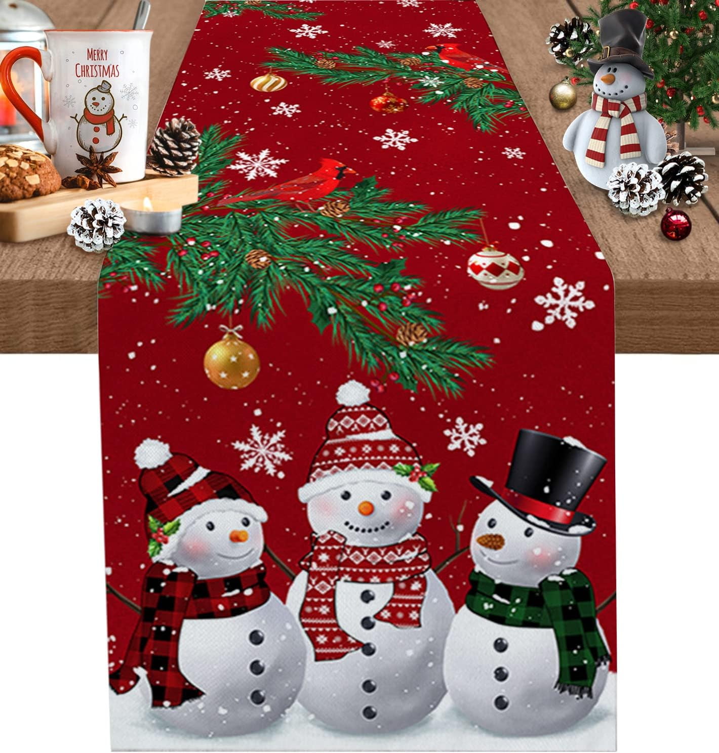 Rdsfhsp Table Runner, Christmas Tree Snowman Pine Branches Cone ...