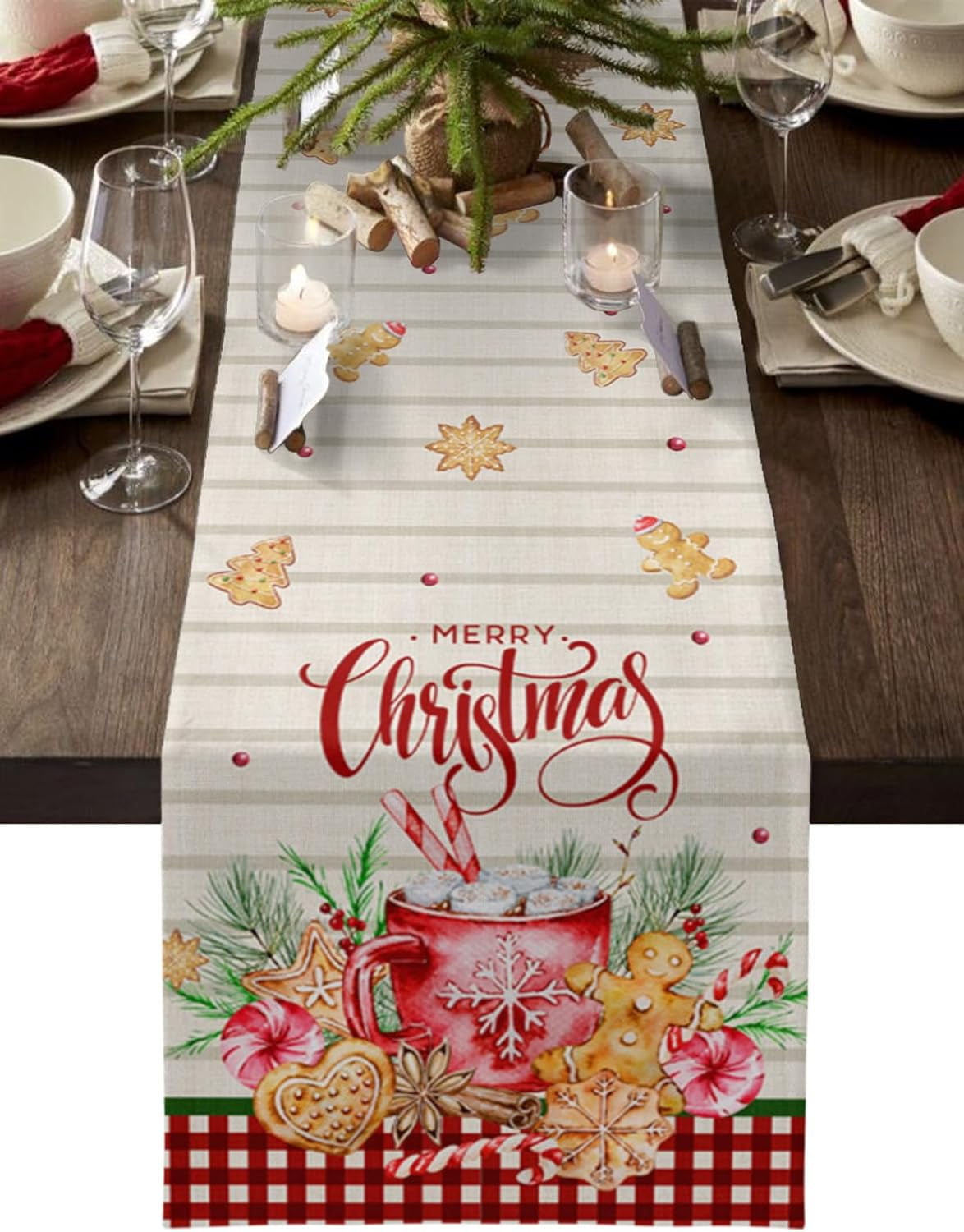 Rdsfhsp Table Runner, Merry Christmas Hot Coco Biscuit Red Check Pine ...